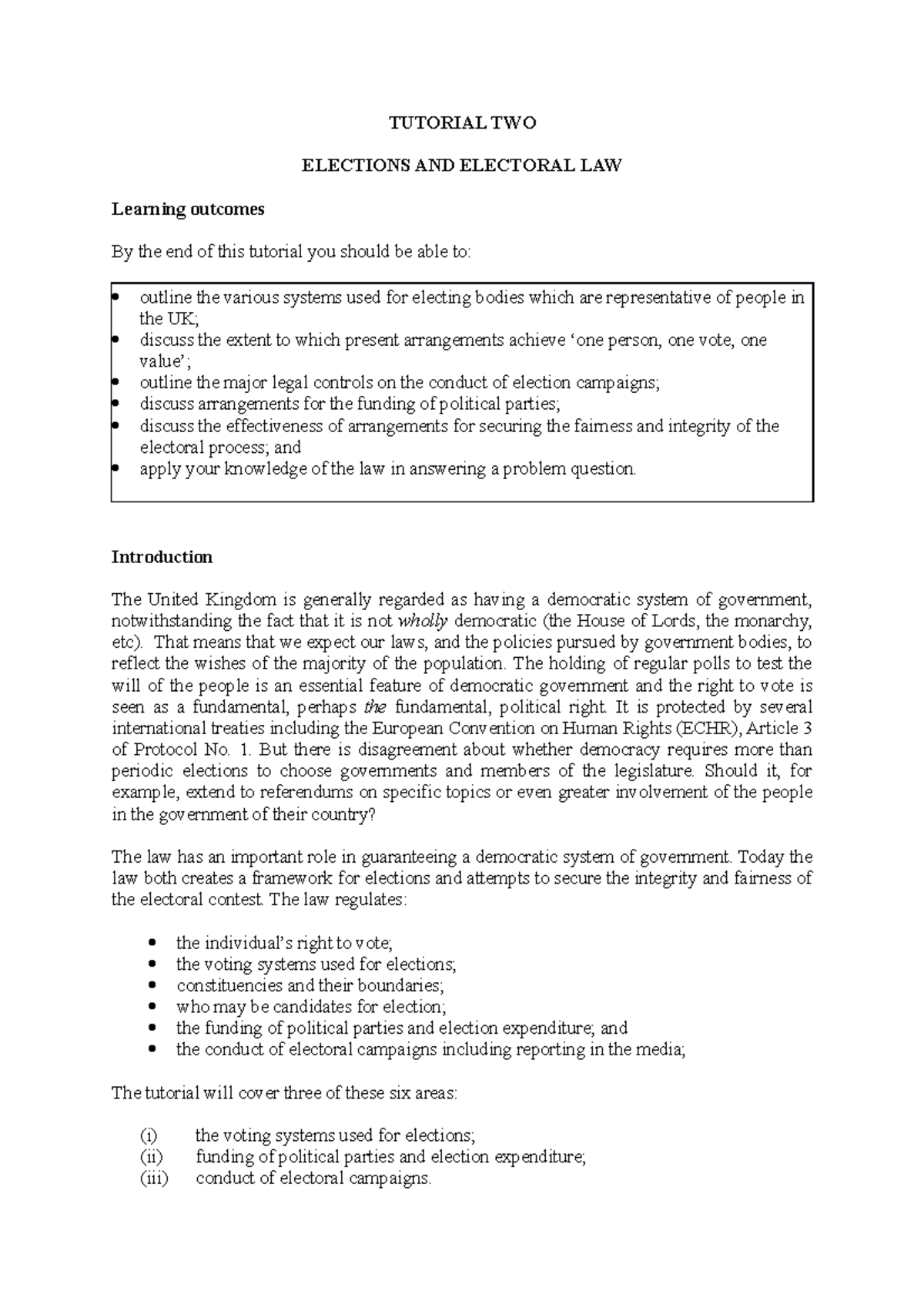 ELECTIONS AND ELECTORAL LAW - TUTORIAL TWO ELECTIONS AND ELECTORAL LAW ...
