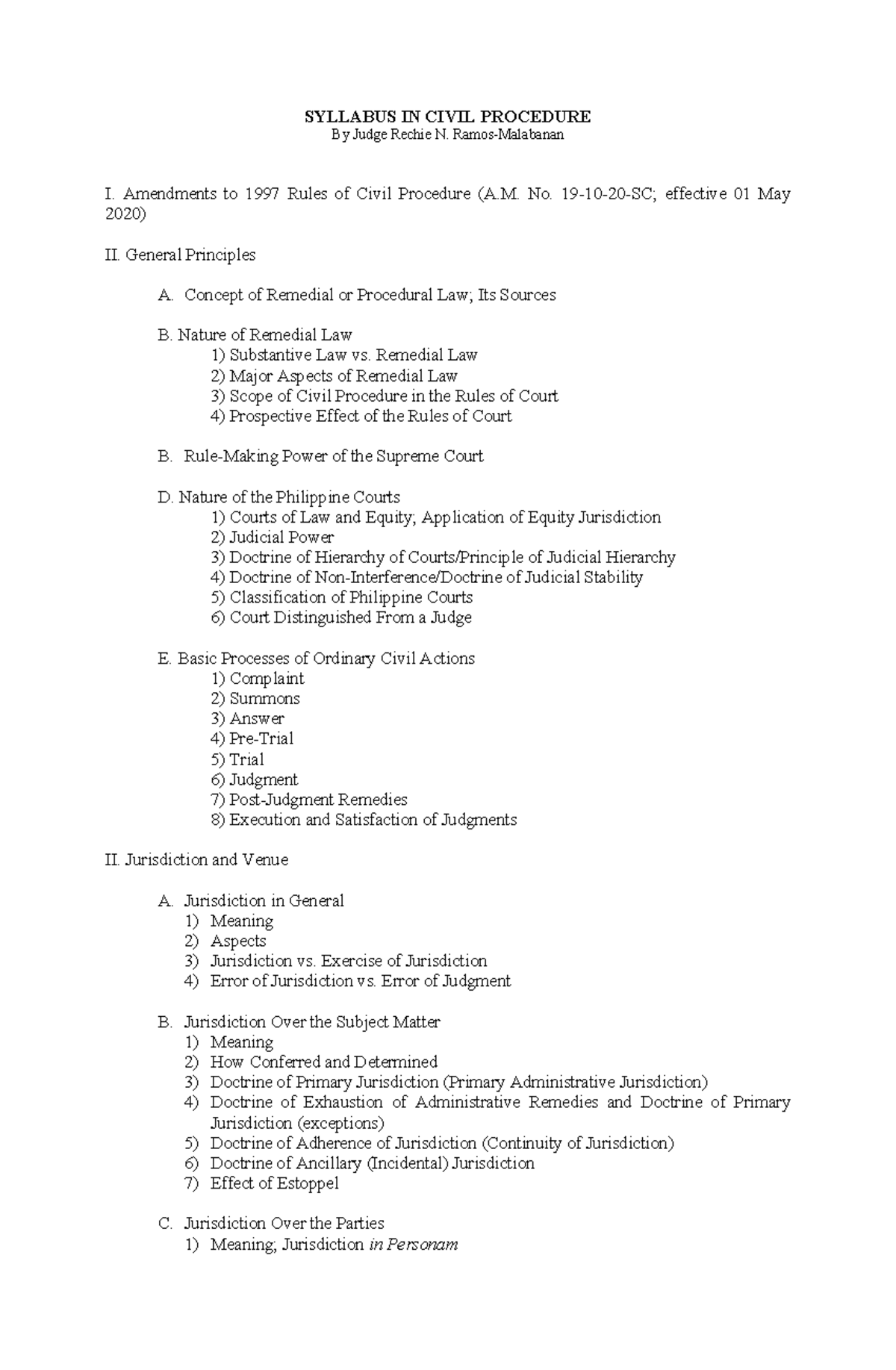 Syllabus CIV PRO Judge Malabanan - SYLLABUS IN CIVIL PROCEDURE By Judge ...