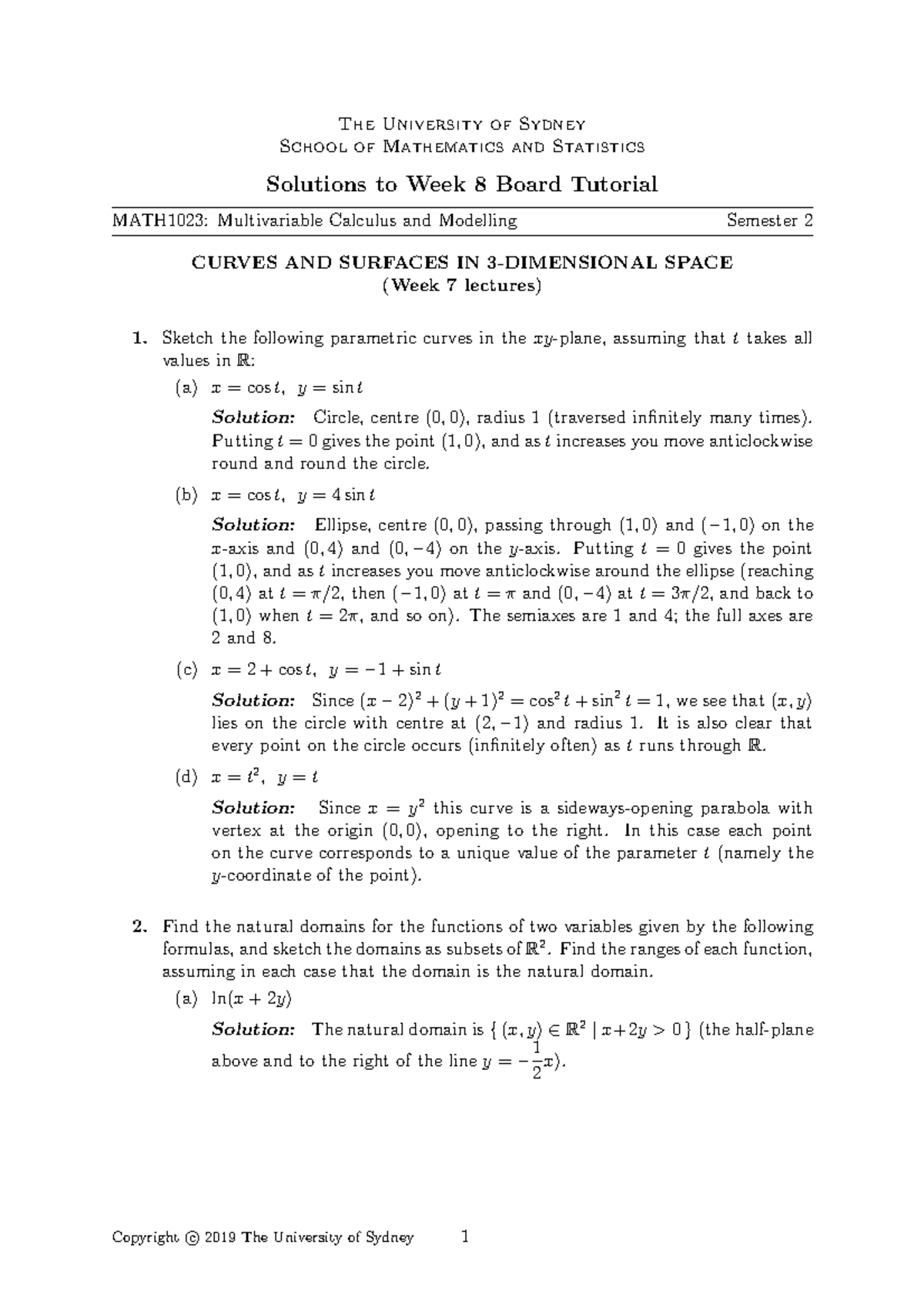 Week8 Tutorial Solutions 2019 Sem2 - The University of Sydney School of Mathematics and ...