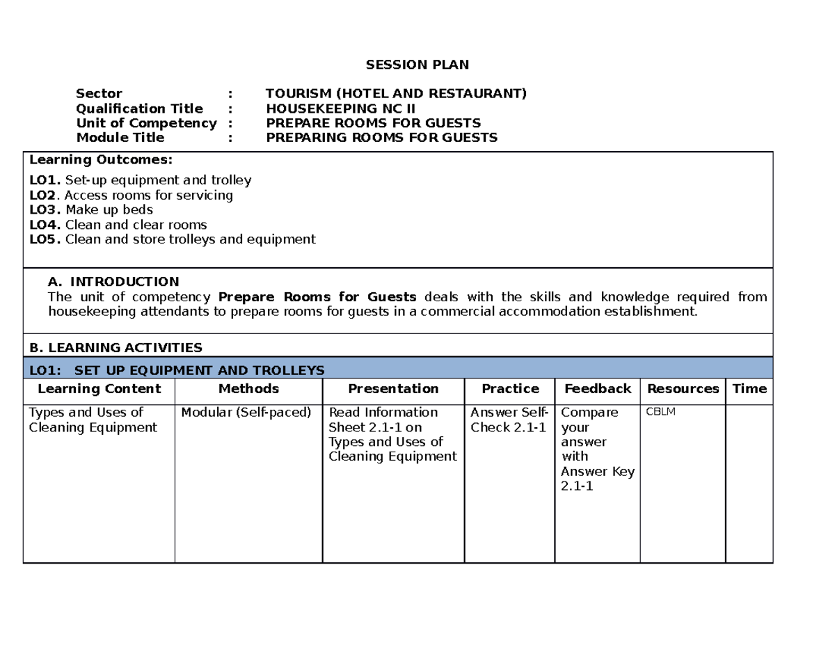 346000012 Session Plan Prepare Rooms for Guests - SESSION PLAN Sector ...