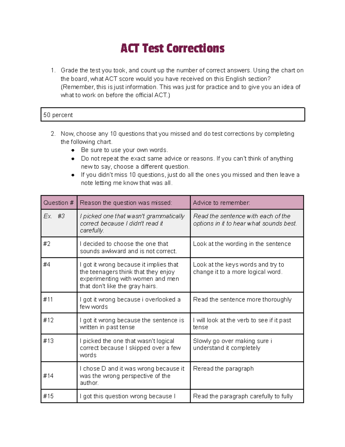 ACT Test Corrections - work - ACT Test Corrections 1. Grade the test ...