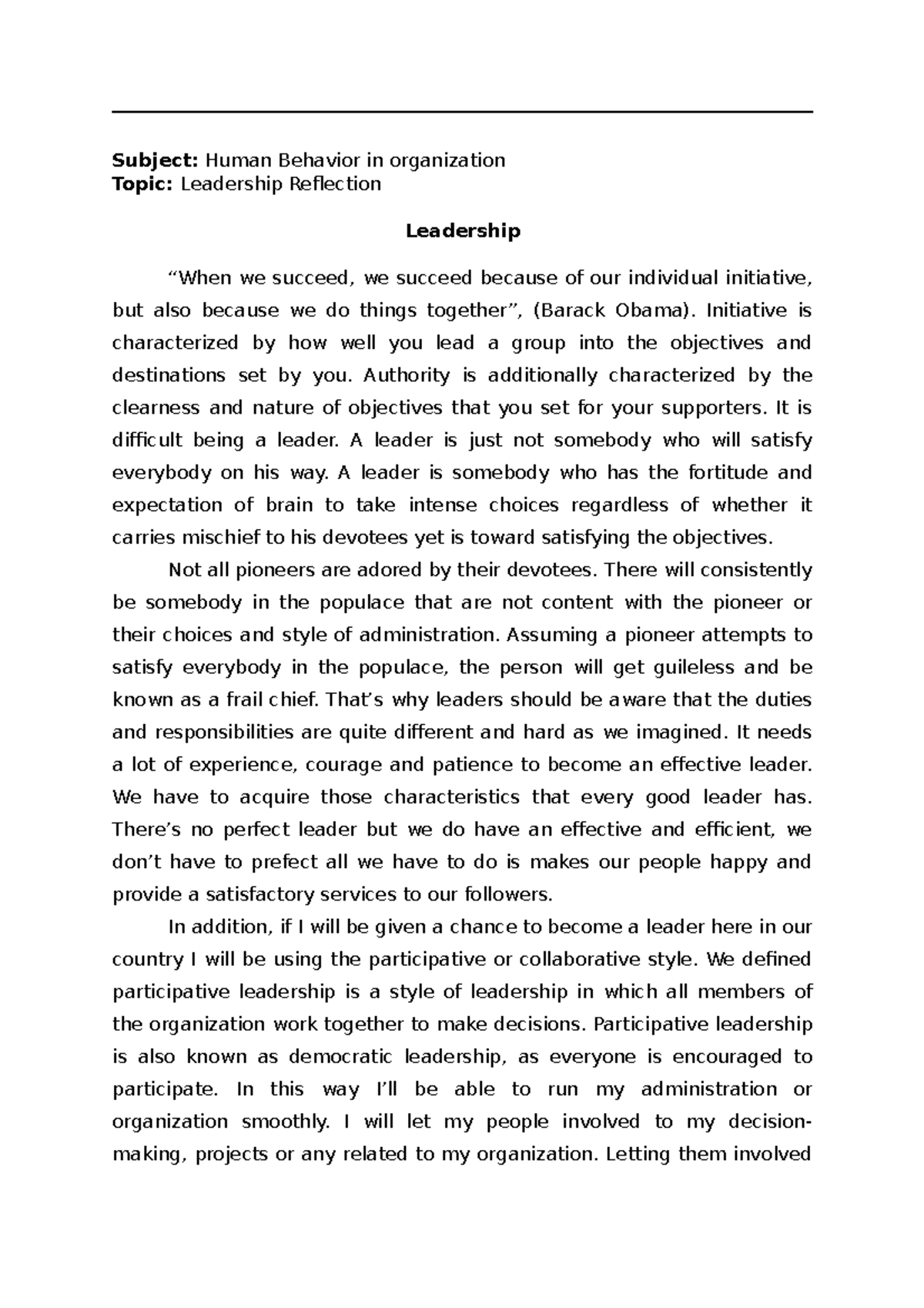 Reflection on Leadership - Subject: Human Behavior in organization ...