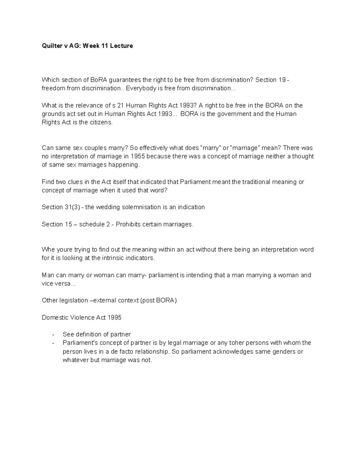 Week 11 Lecture - Statutory Interpretation - Quilter v AG: Week 11 Lecture Which section of BoRA ...