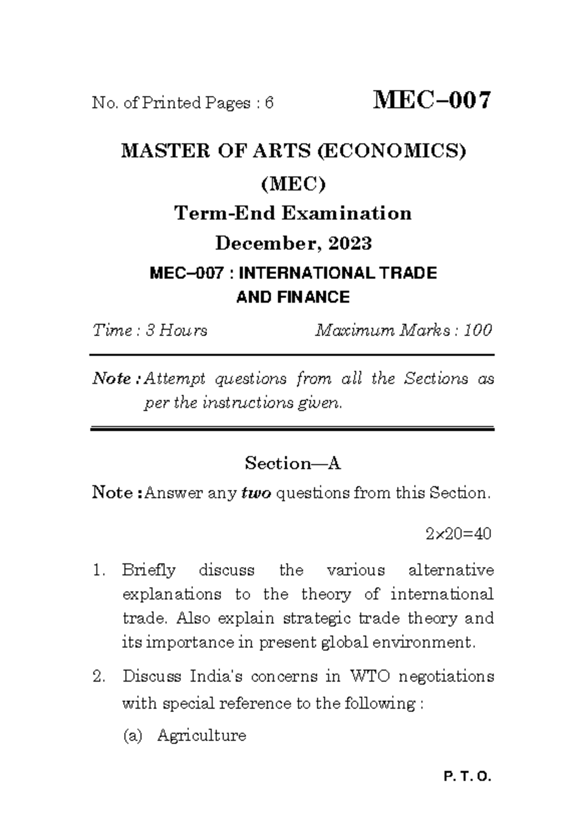 MEC-007 - MEC 007 International trade and finance December 2023 ...