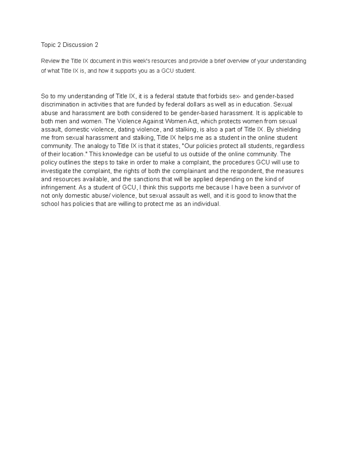 Topic 2 Discussion 2 - Topic 2 Discussion 2 Review the Title IX ...