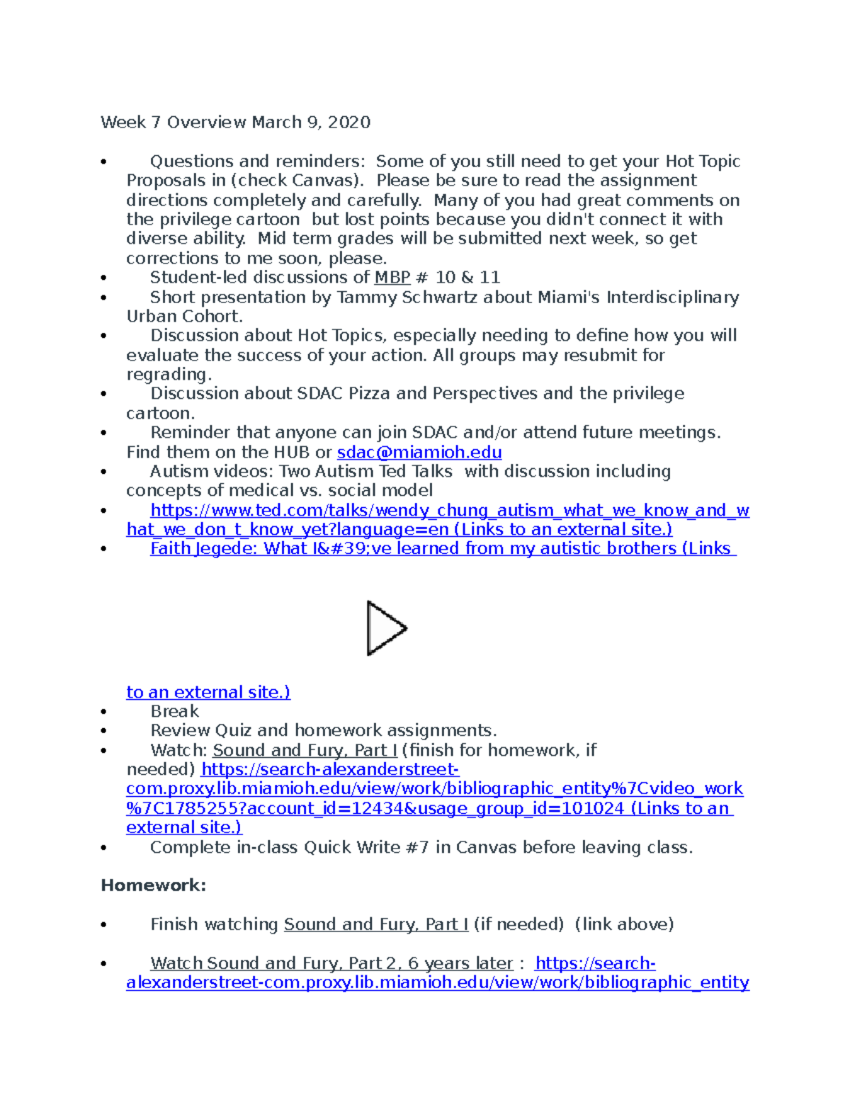 Week 7 Overview - Week 7 Overview March 9, 2020 Questions and reminders ...