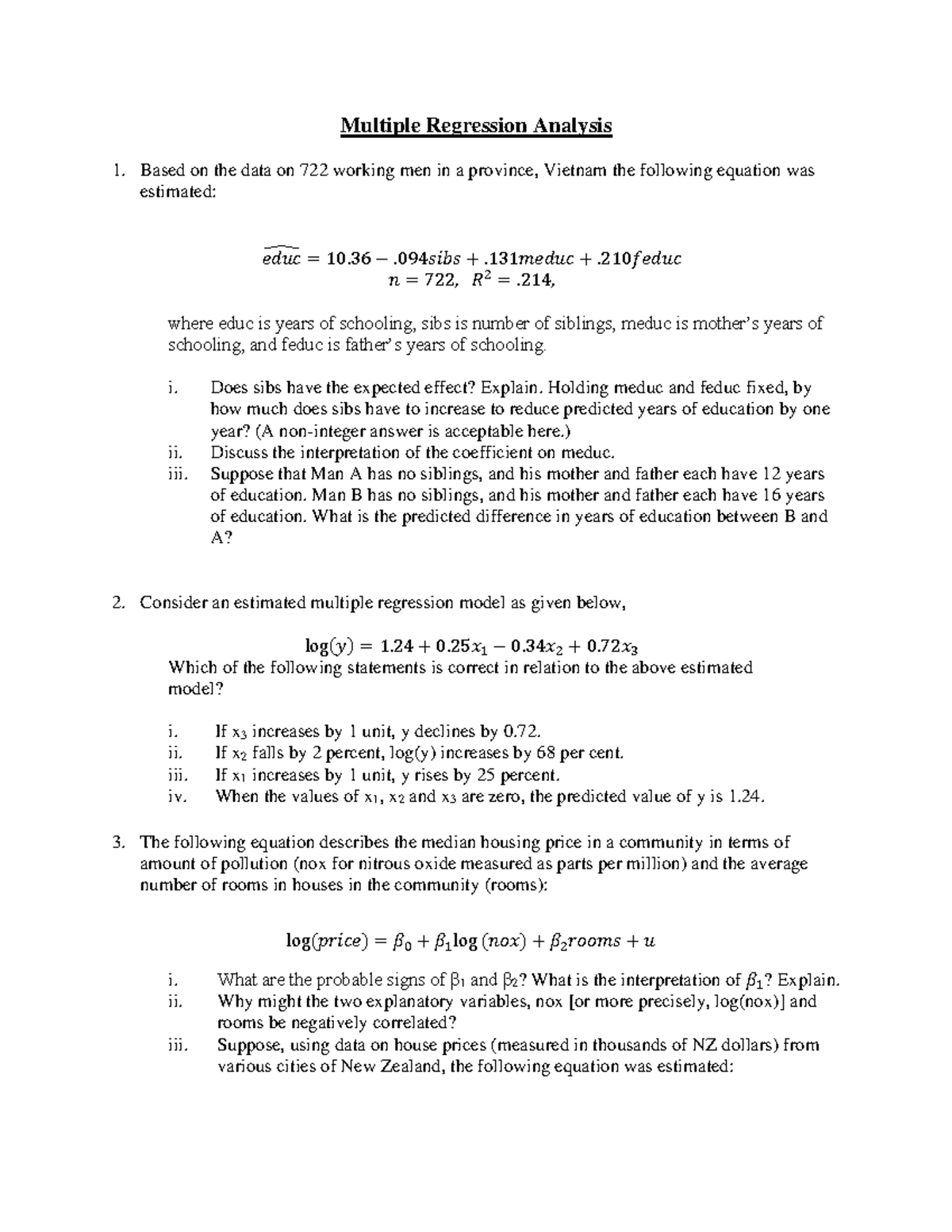 W3 Multiple Regression Analysis - Multiple Regression Analysis Based on the data on 722 working ...