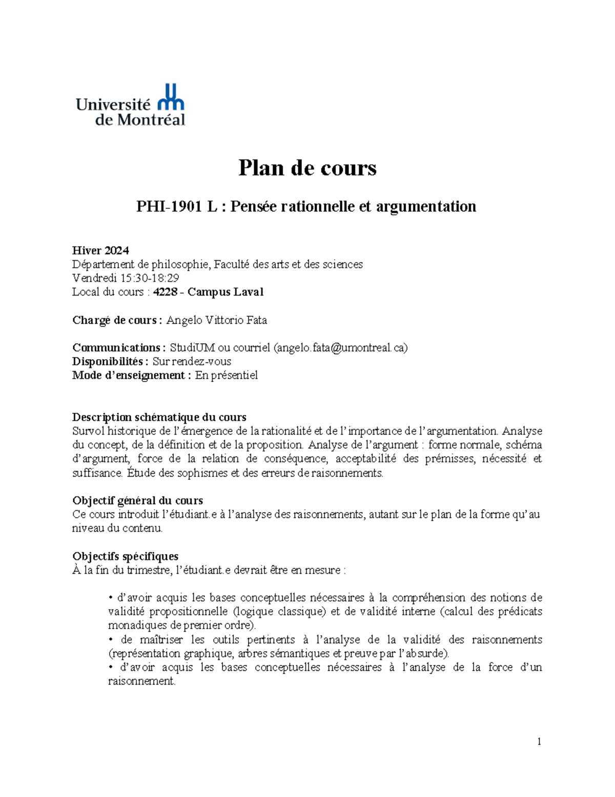 Plan de cours - Plan de cours PHI-1901 L : Pensée rationnelle et ...