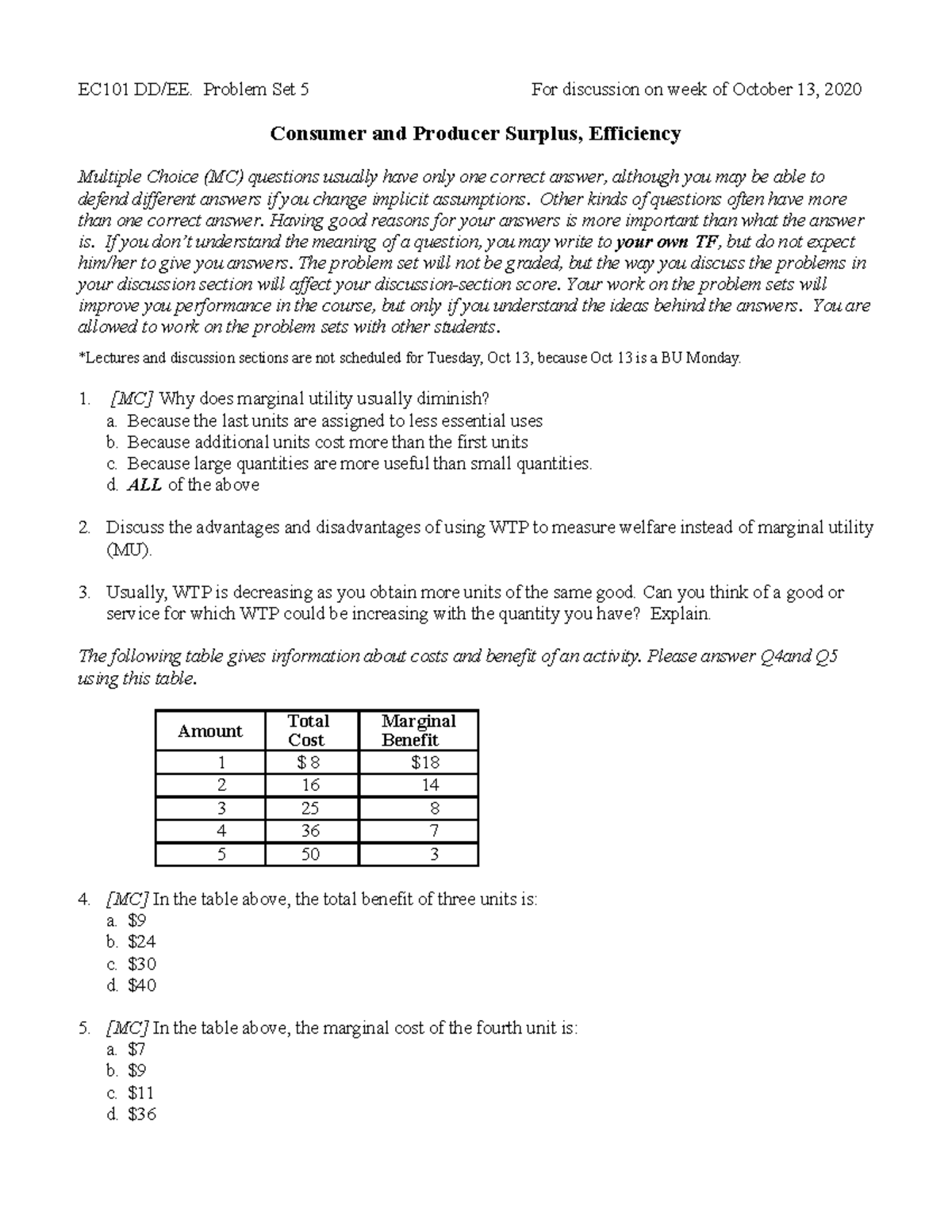 Problem Set 5 - Professor Manove Econ 101 - EC101 DD/EE. Problem Set 5 For discussion on week of ...