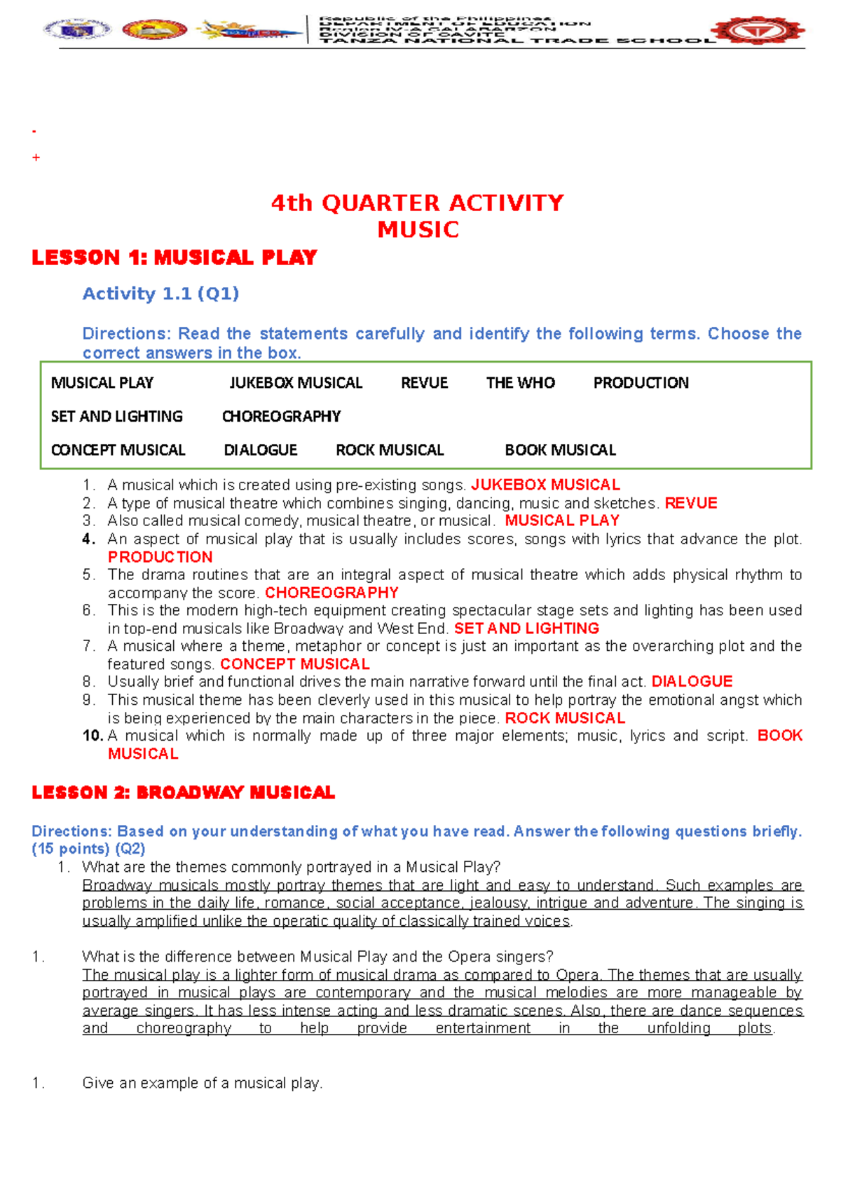 Q4 Mapeh Activity Sheets 2 - 4th QUARTER ACTIVITY MUSIC LESSON 1 ...