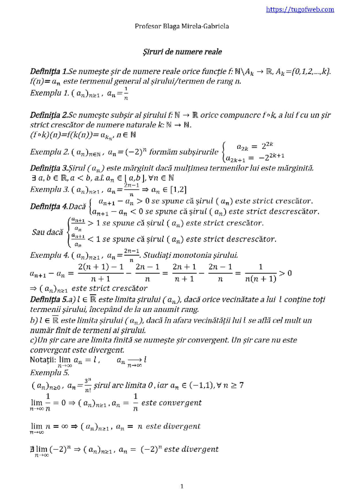 Siruri de numere reale - Teorie - Analiza matematica 1 - Studocu