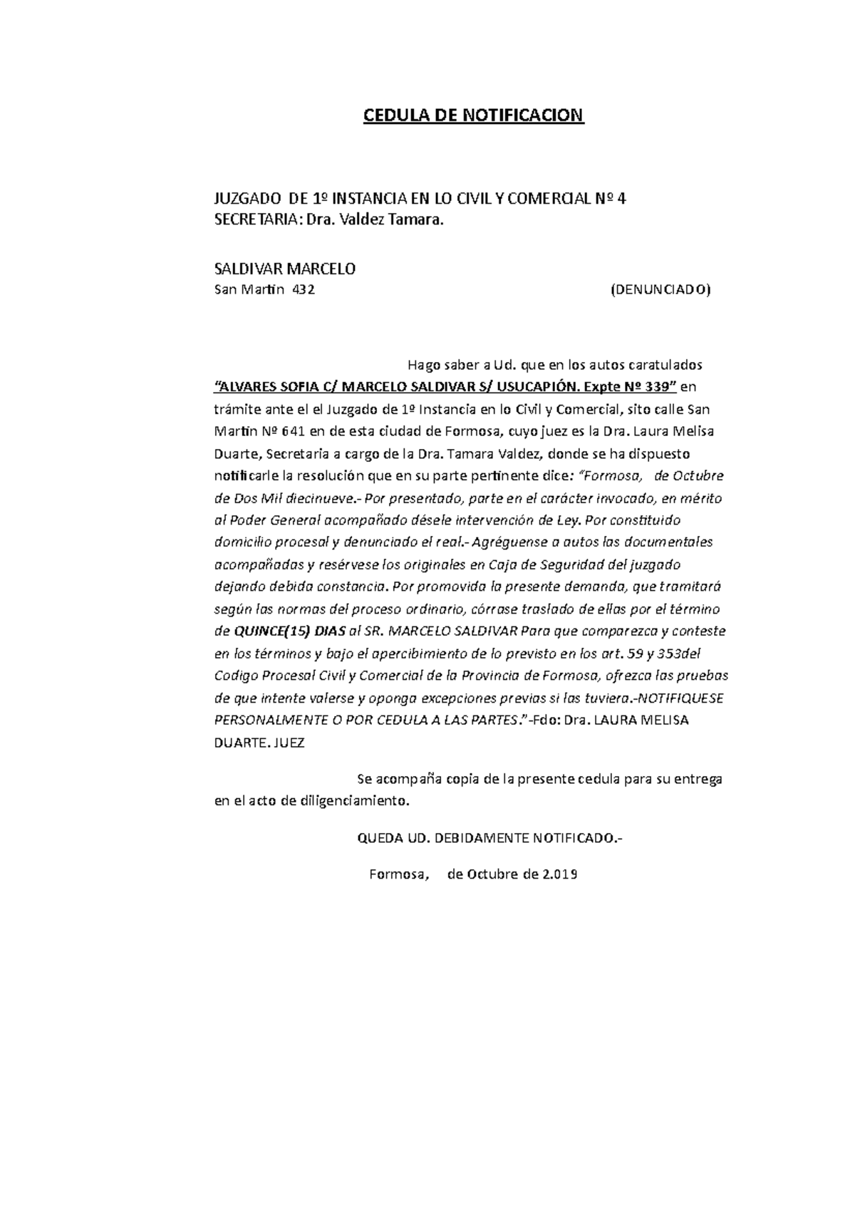 Cedula de notificacion - CEDULA DE NOTIFICACION JUZGADO DE 1º INSTANCIA ...