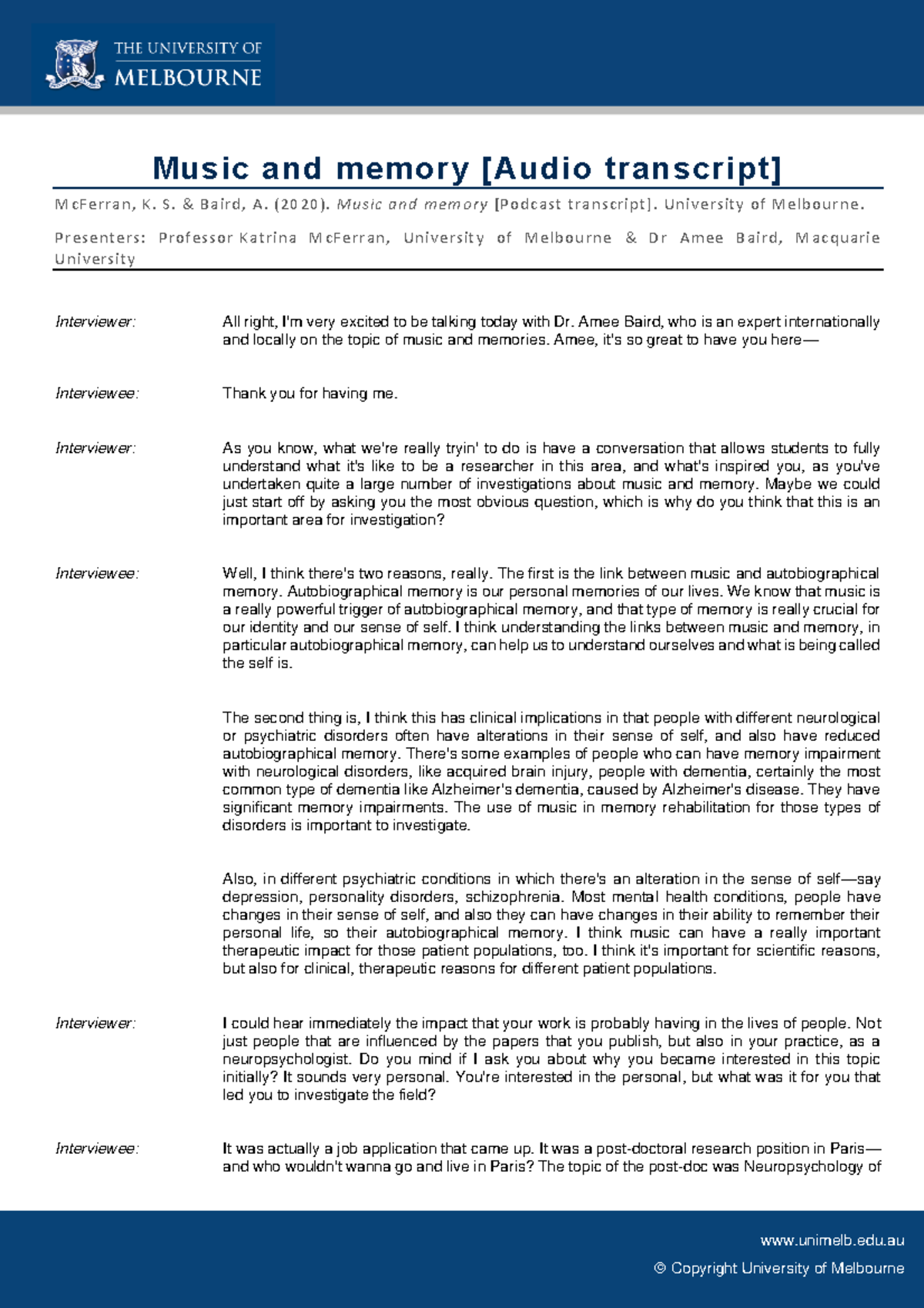 MUSI2014 9 Music and memory - Podcast transcript - unimelb.edu Music ...