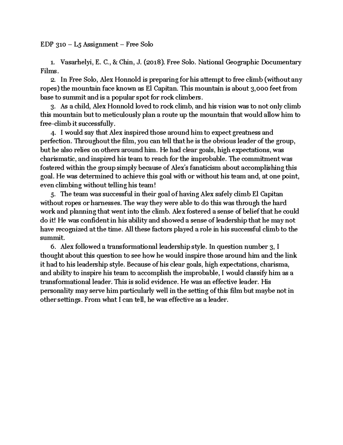 EDP 310 - L5 Assignment - EDP 310 – L5 Assignment – Free Solo Vasarhelyi, E. C., & Chin, J ...