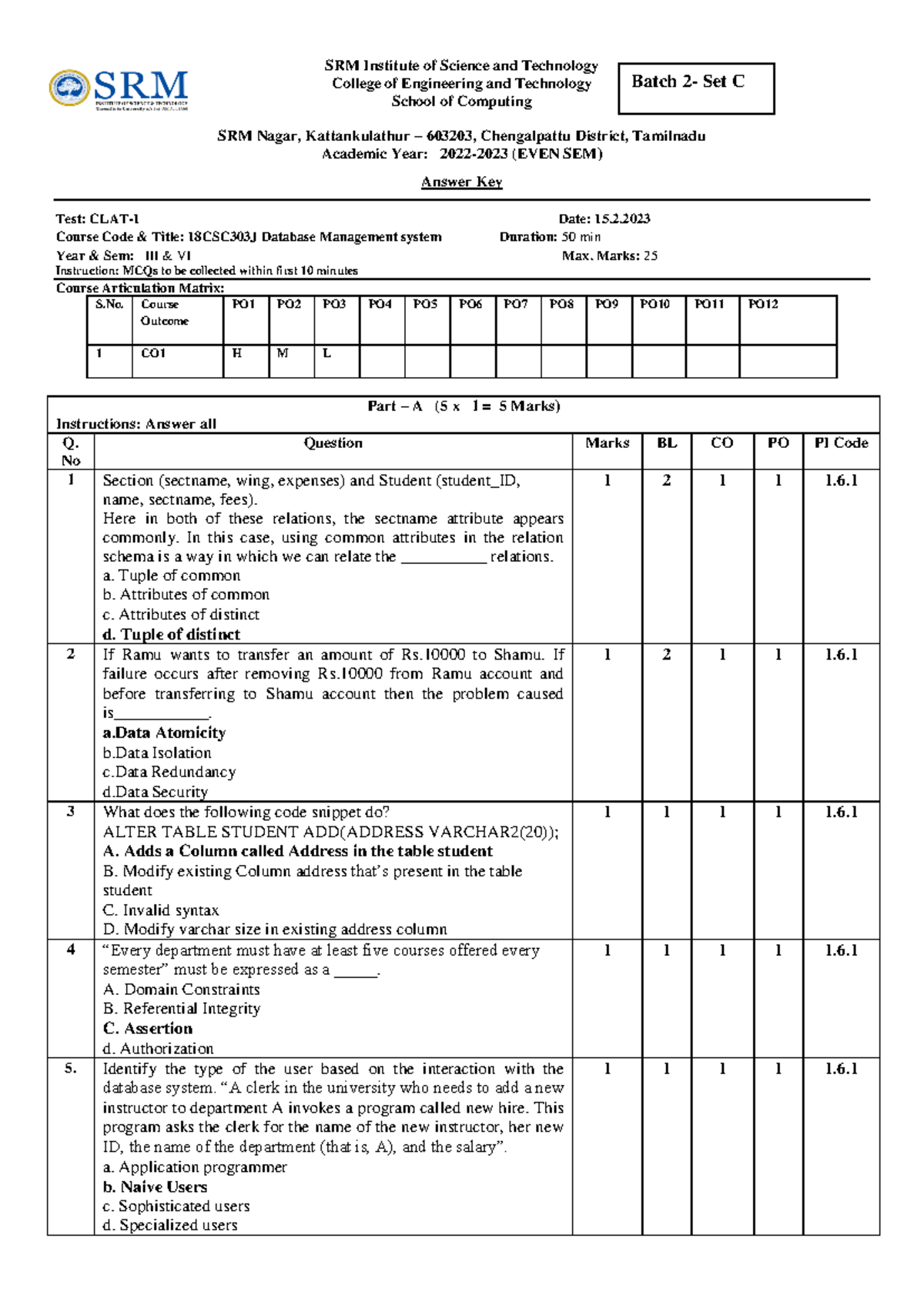 Ans Key Batch 2 Set C Srm Institute Of Science And Technology College Of