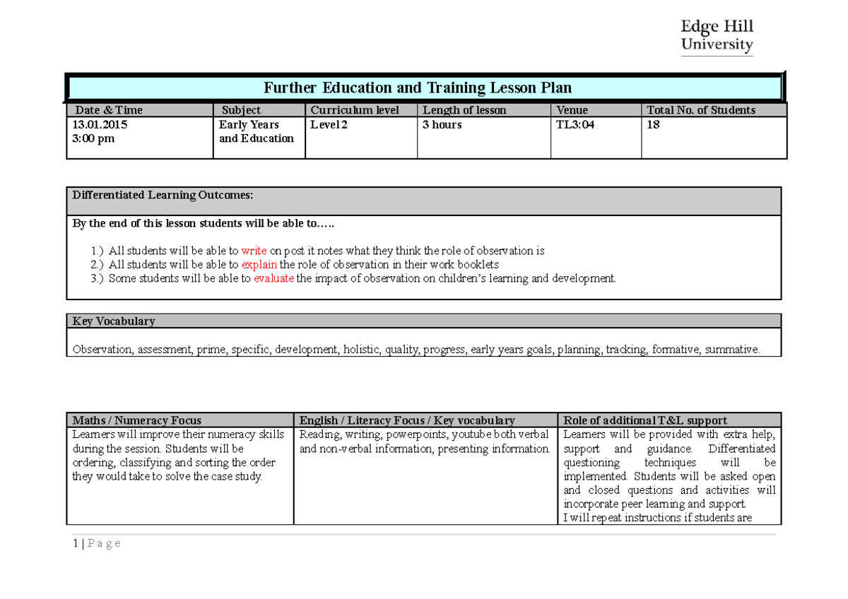 Lesson plan - The role of observation - Further Education and Training ...