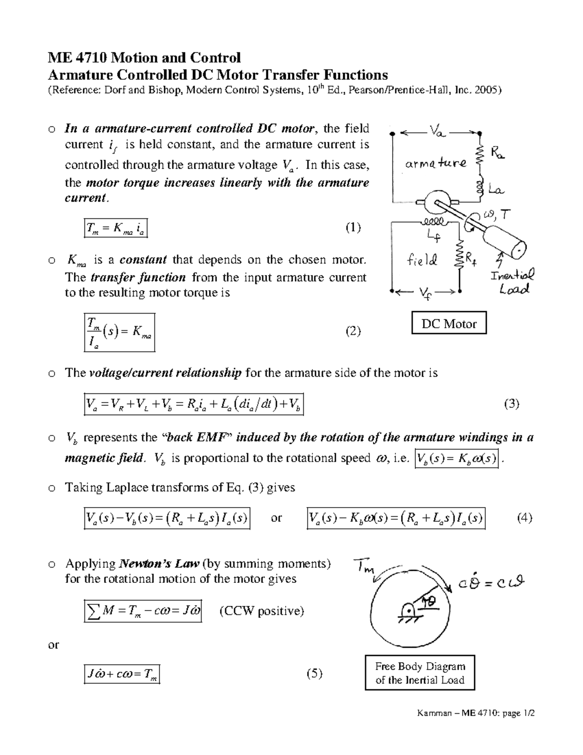 Lecture Notes Lecture 1 Motion And Control Me 4710 Me 4710 Motion And Control Armature