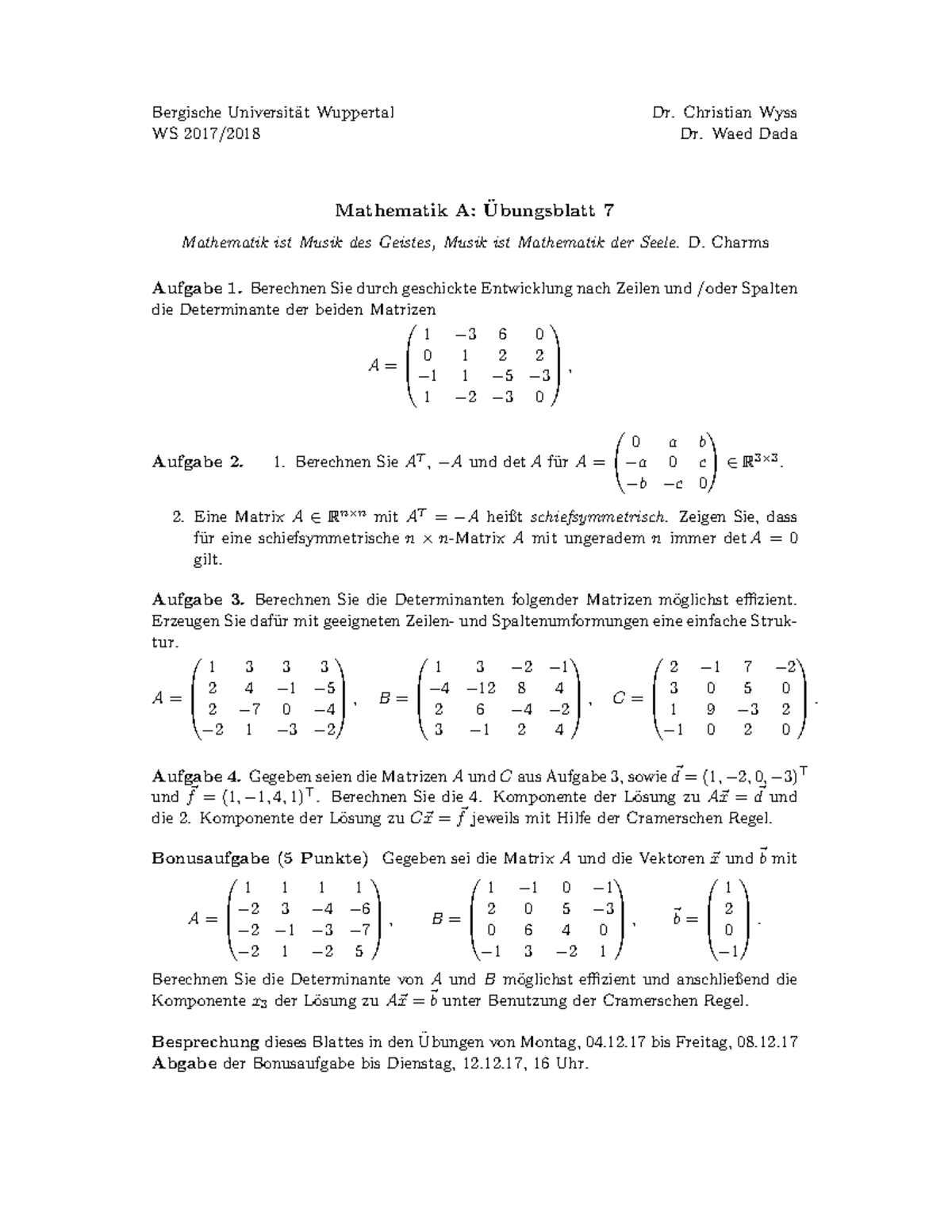 Blatt 07 - Bergische Universit¨ at Wuppertal WS 2017/2018 Dr. Christian ...