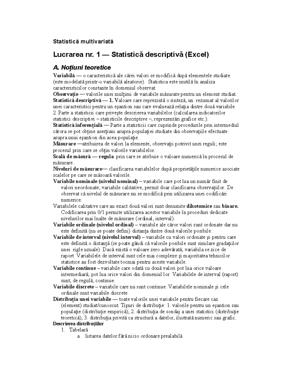Lucrarea nr. 1 — Statistică descriptivă - Statistică multivariată ...