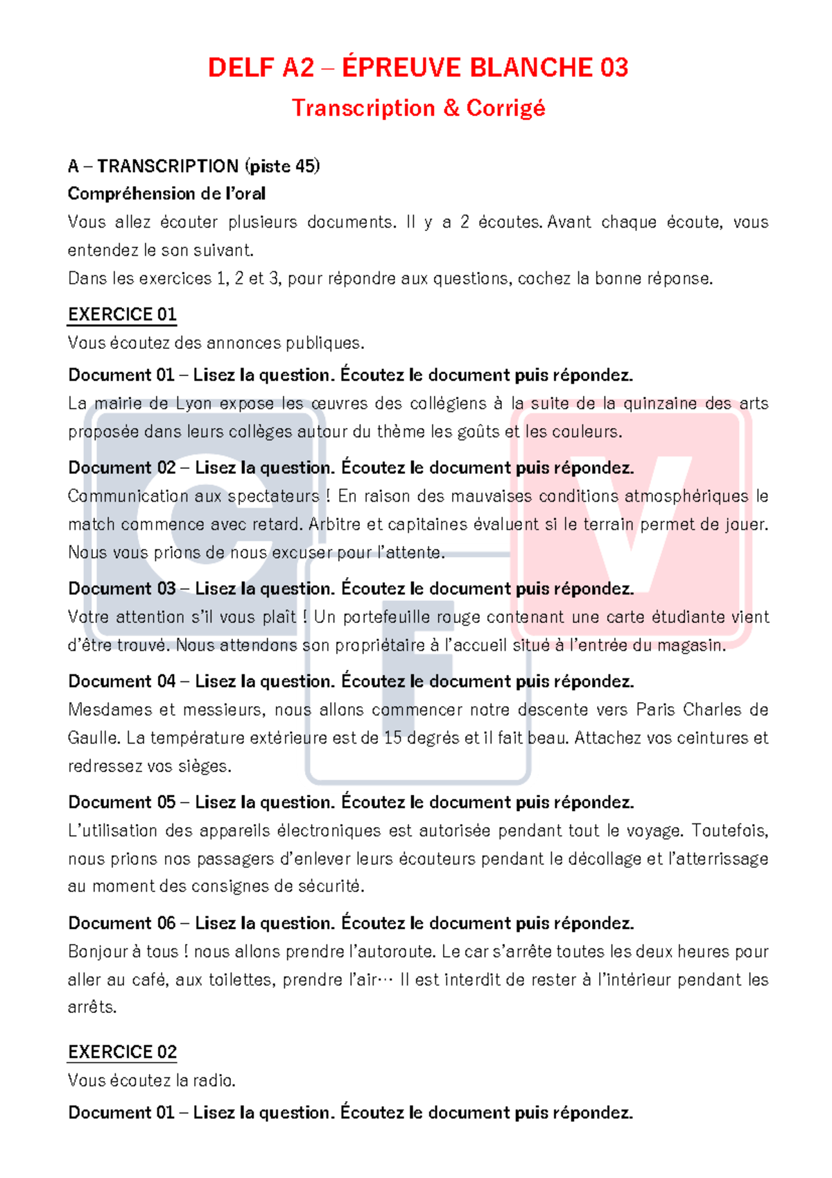 De thi DELF A2 De 3 Transcription Corrige - DELF A2 – ÉPREUVE BLANCHE 03 Transcription & Corrigé ...