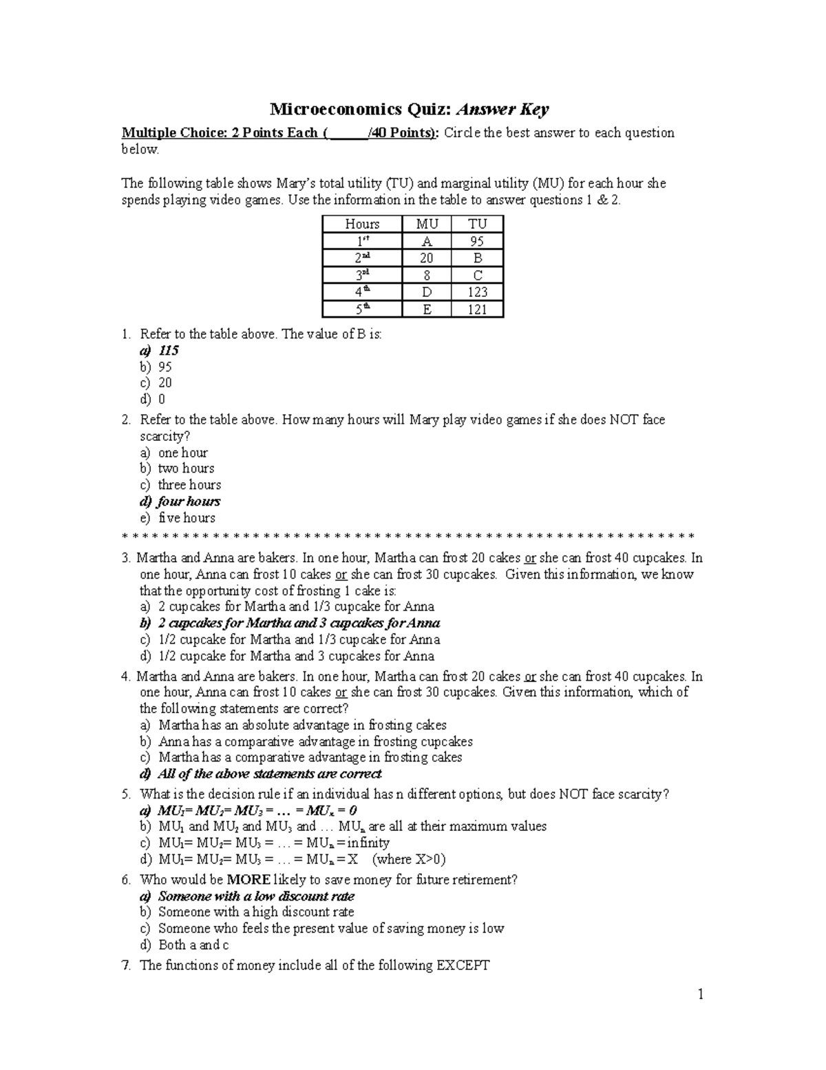 ECN 203 Microeconomics Quiz AK Sp17 - Microeconomics Quiz: Answer Key ...