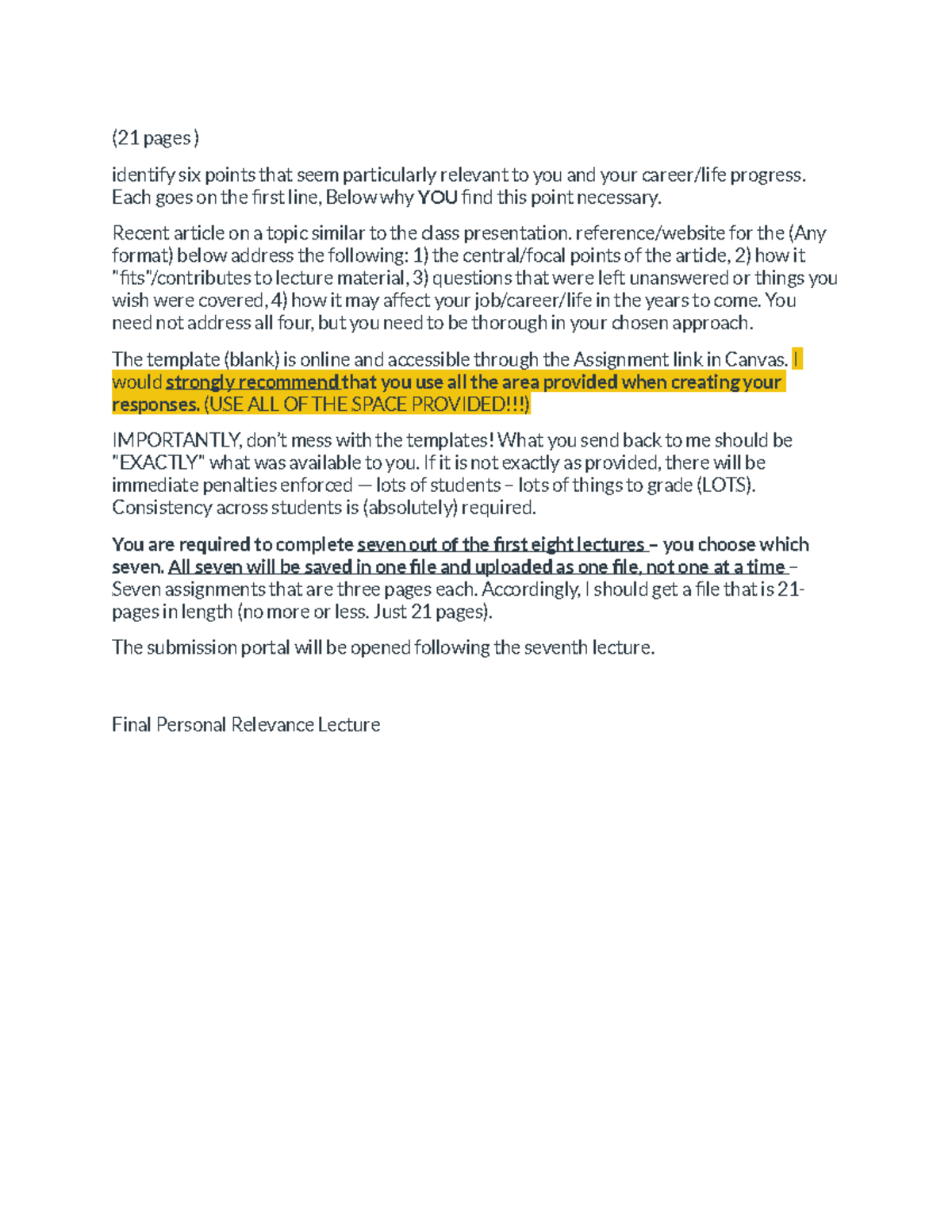 Personal Relevance assignment instructions - (21 pages ) identify six ...