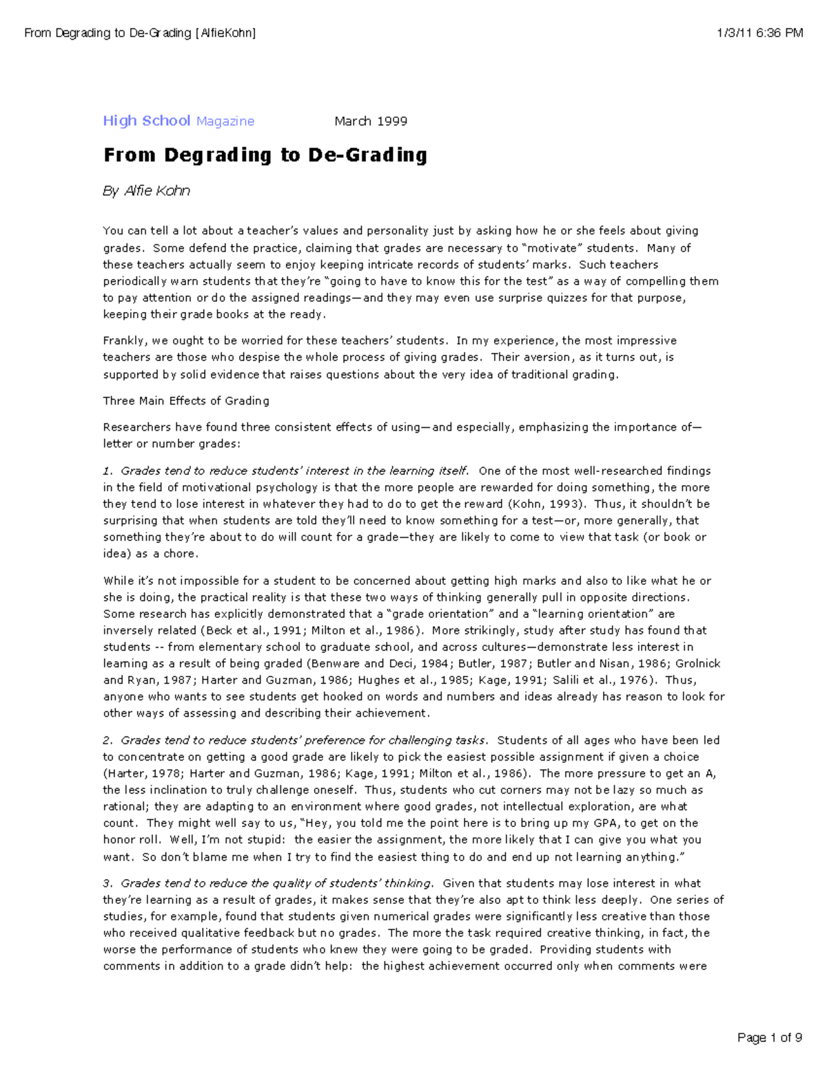 From Degrading to De Grading Alfie Kohn - High School Magazine March ...