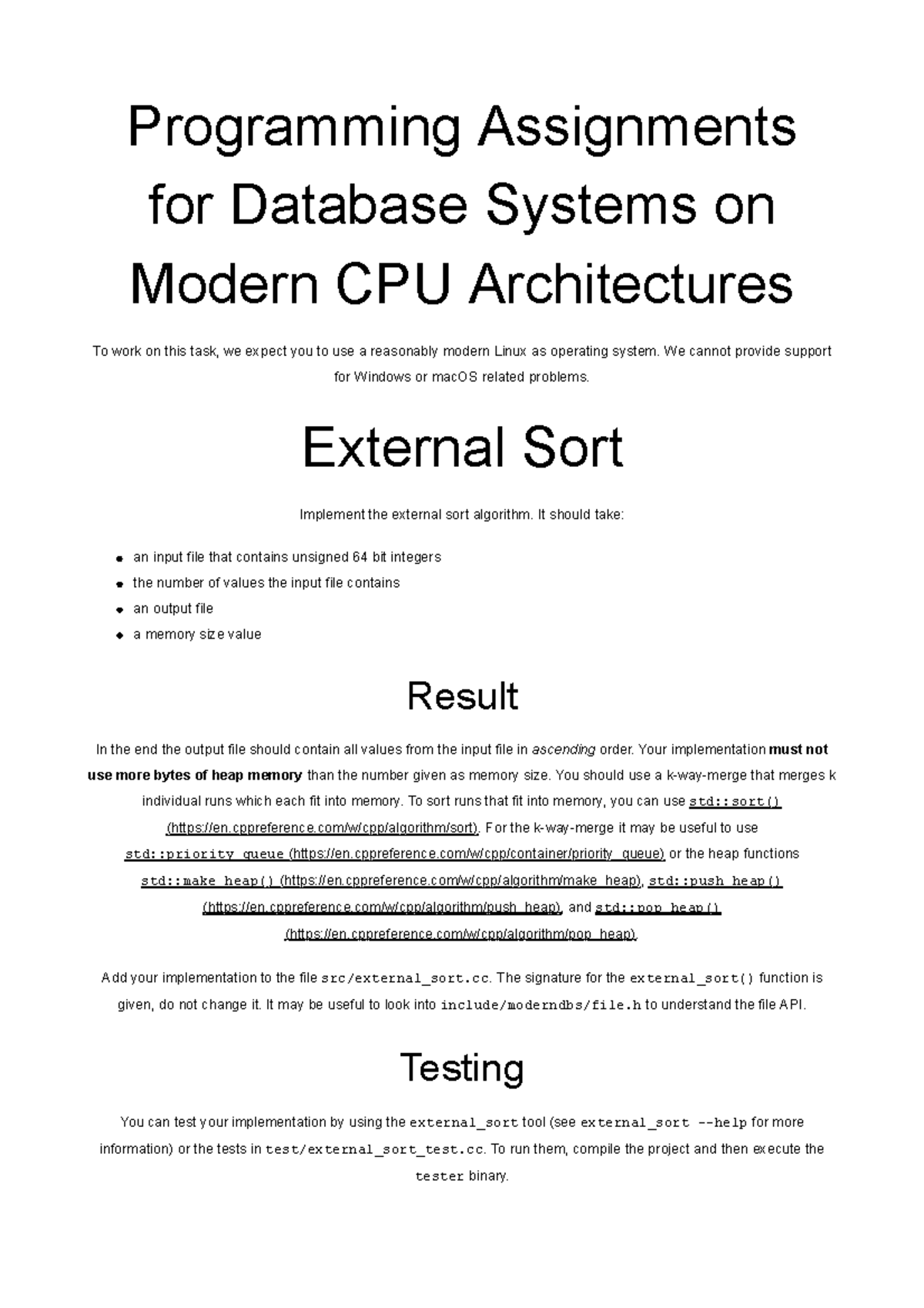 1) External Sort - Programming Assignments for Database Systems on Modern CPU Architectures To ...