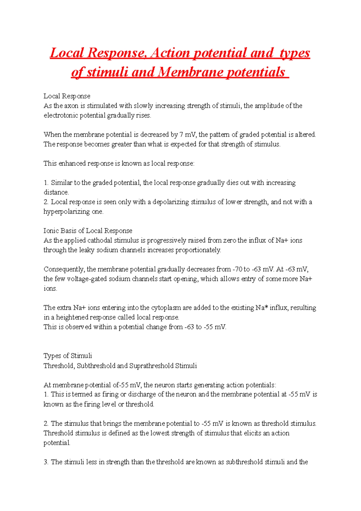 Local Response, Action potential and types of stimuli and Membrane ...