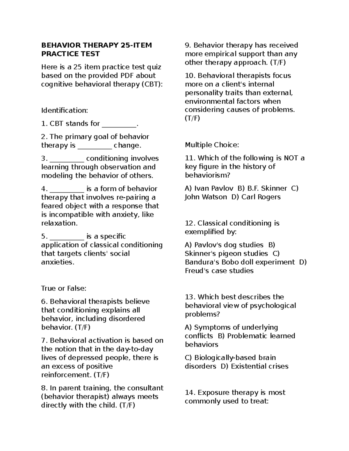 Behavior Therapy Practice Test - BEHAVIOR THERAPY 25-ITEM PRACTICE TEST ...