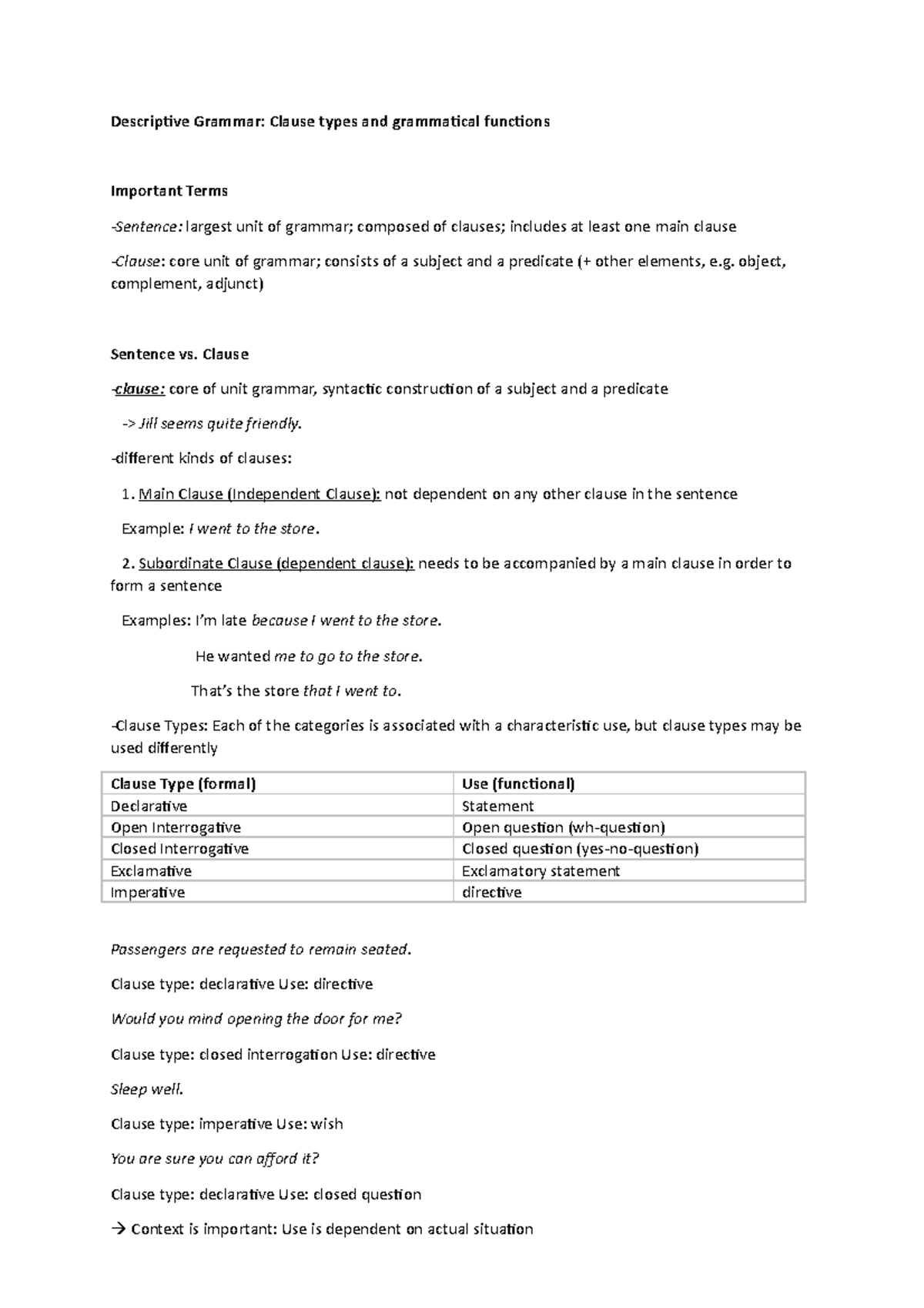 Clauses and Sentences - Lernzettel aus Descriptive Grammar (19/20) zur ...