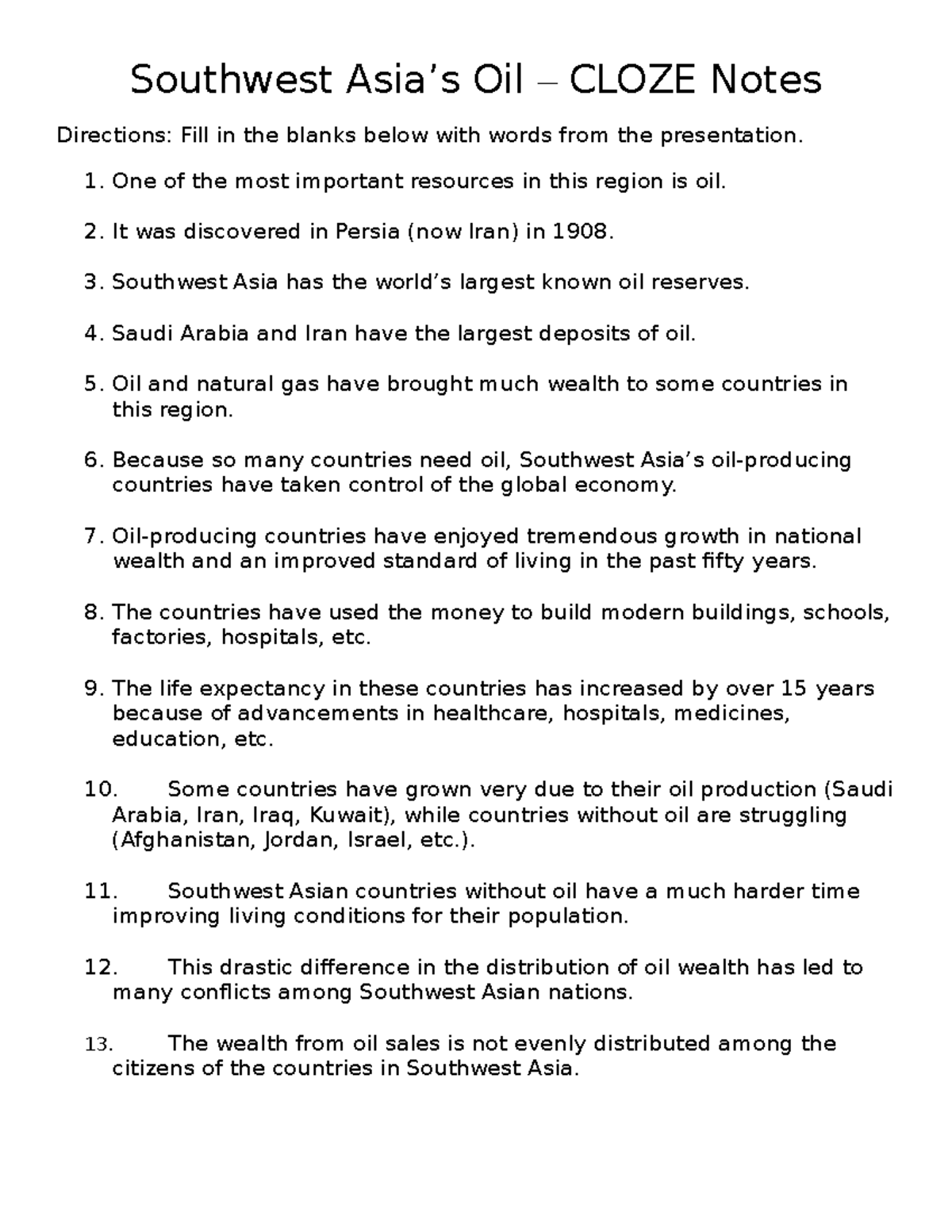 Oil Distribution Student Notes - Southwest Asia’s Oil – CLOZE Notes ...