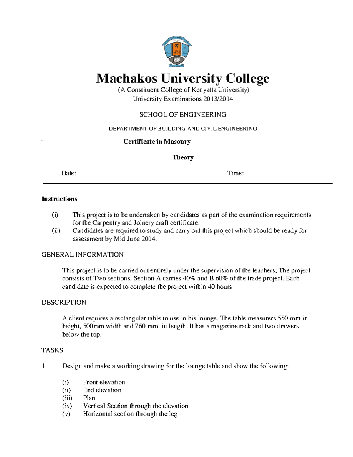 Certificate IN Carpentry AND Joinery Trade Project - ` Instructions (i ...