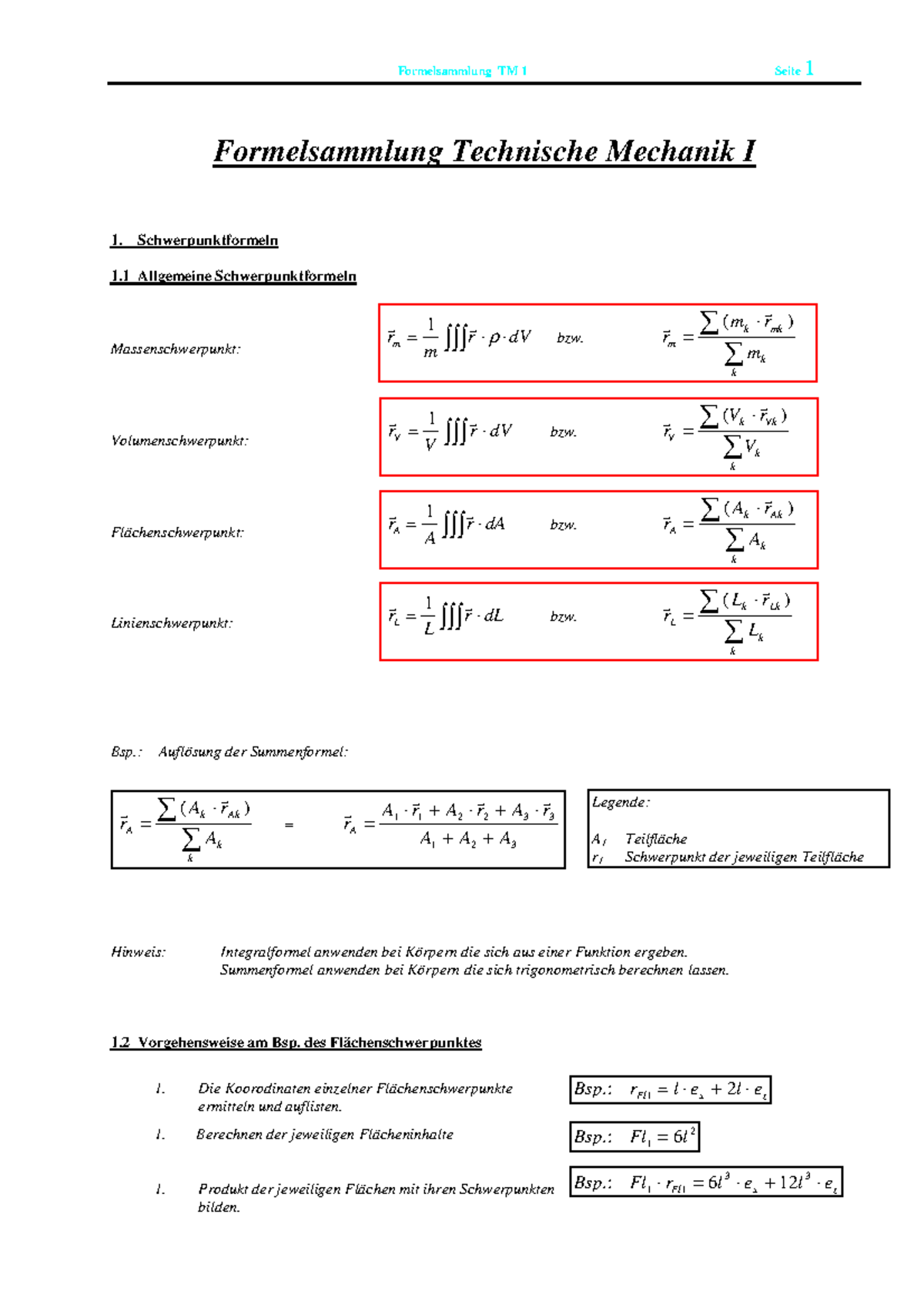 Formelsammlung 01 - Schwerpunktformeln 1 Allgemeine Schwerpunktformeln ...