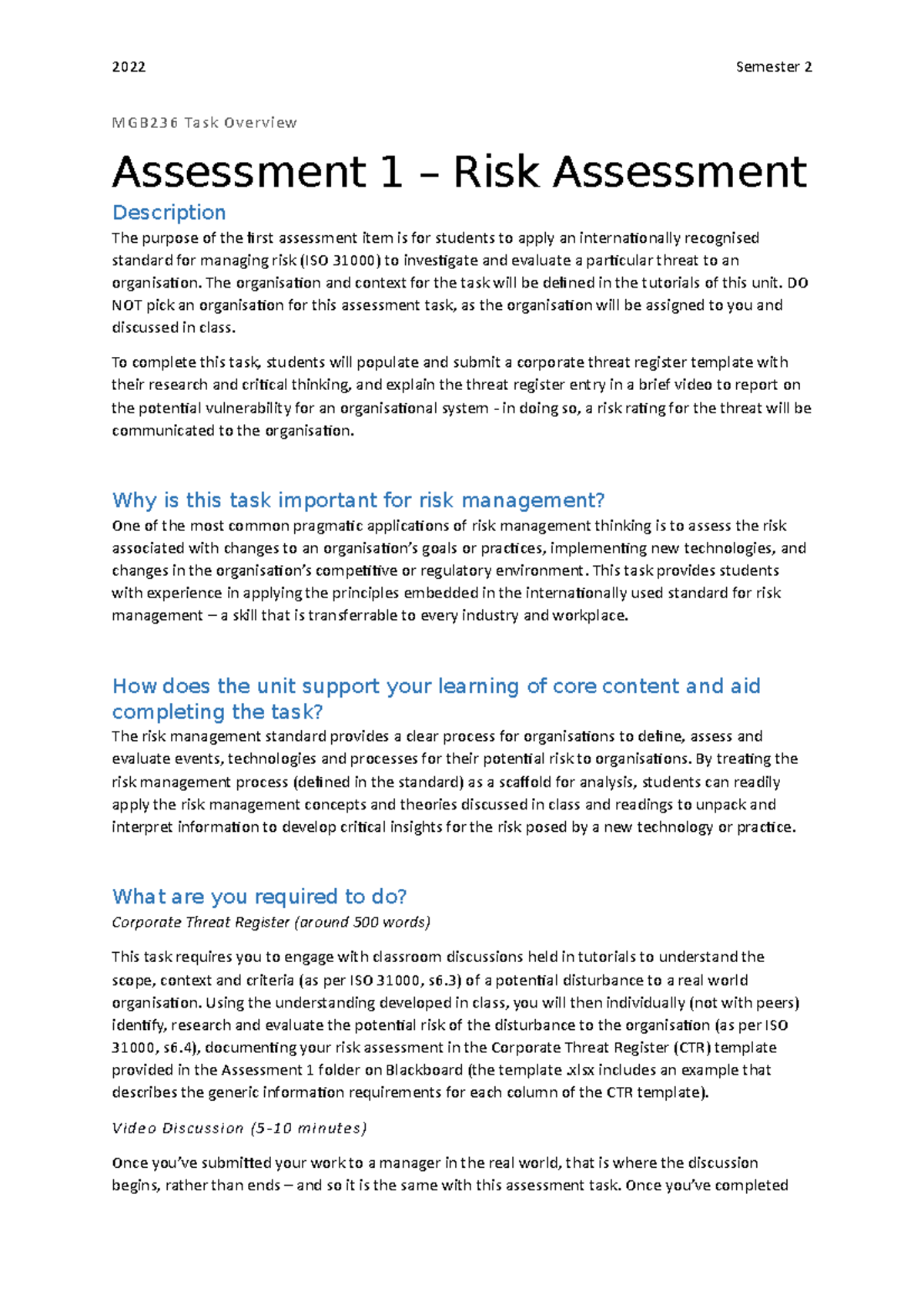 2022 Semester 2 MGB236 Risk Assessment Task - Studocu