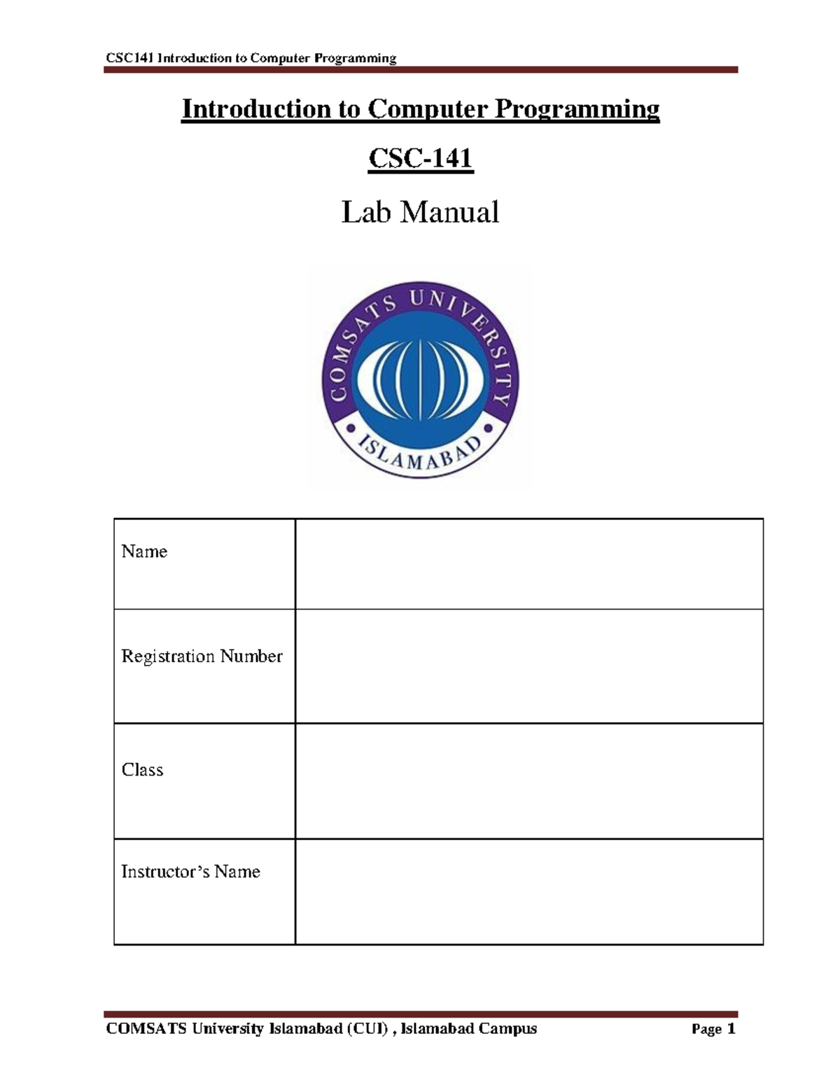 CSC 141 ICP Lab Manual - remember me in prayers - CSC 141 Introduction to Computer Programming ...