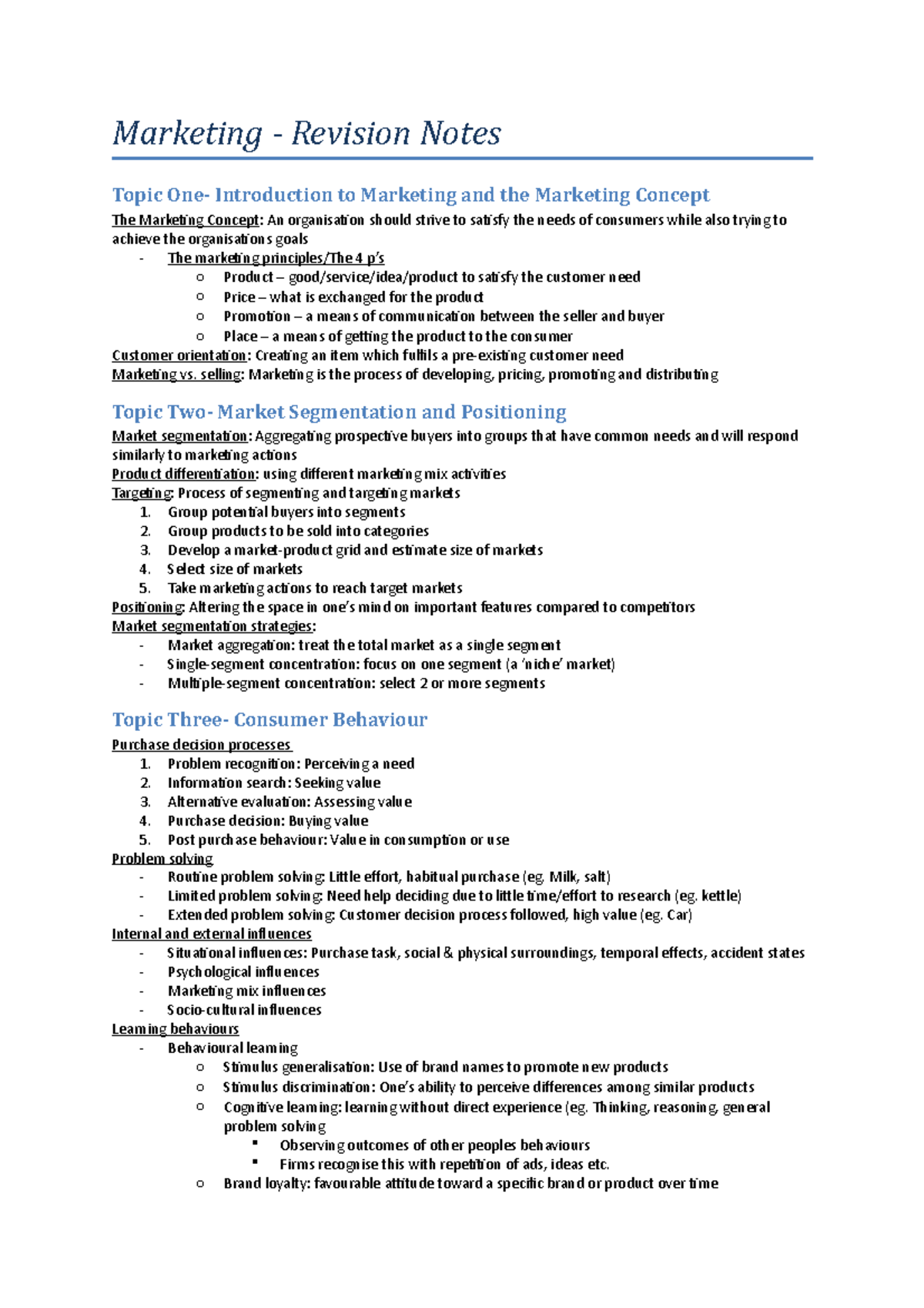 Lecture notes, lectures 1-13 - Marketing - Revision Notes Topic One ...