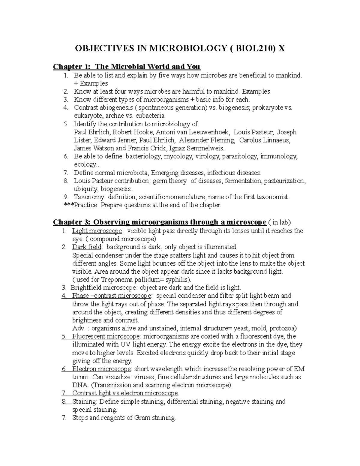 Objectives IN Microbiology - OBJECTIVES IN MICROBIOLOGY ( BIOL210) X ...
