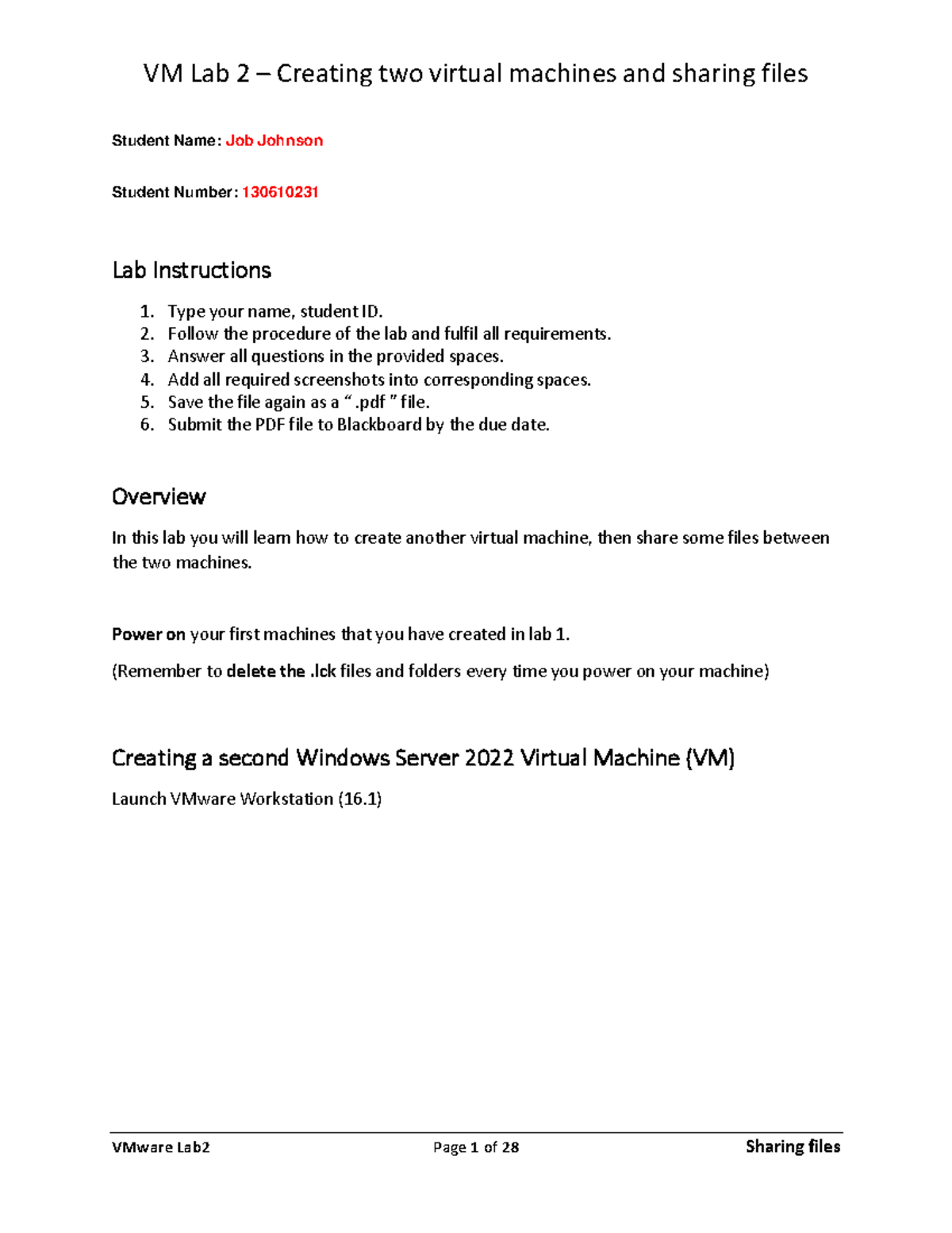 LAB 4 - VM Lab Module 2 - Creating second VM and sharing files Job Johnson - Student Name: Job ...