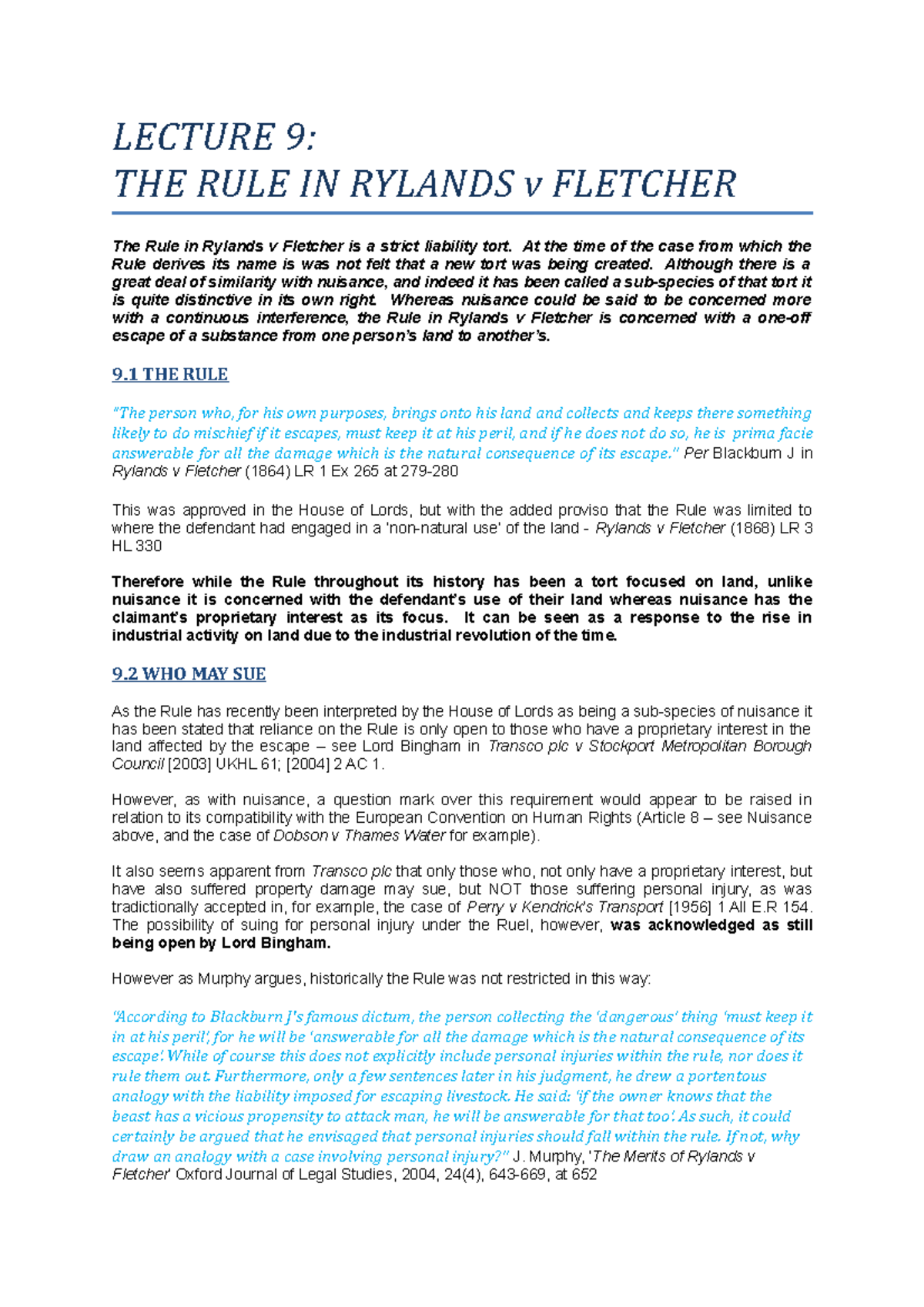 Lecture 9 THE RULE IN Rylands V Fletcher - LECTURE 9: THE RULE IN ...