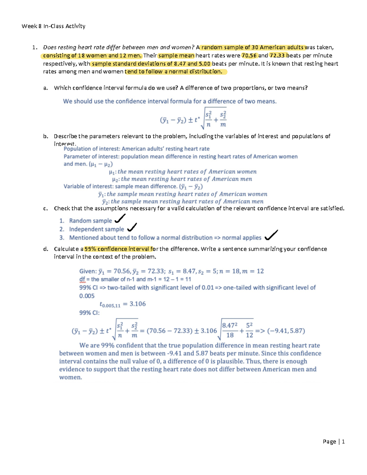 Module 8 Practice Problems Solutions - Does resting heart rate differ between men and women? A ...
