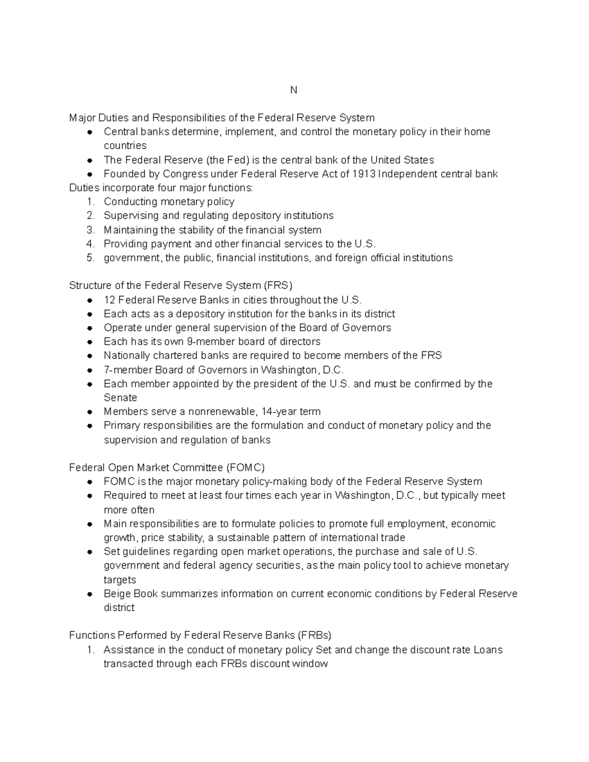 Ch. 4 The Federal Reserve Notes - Google Docs - N Major Duties and ...
