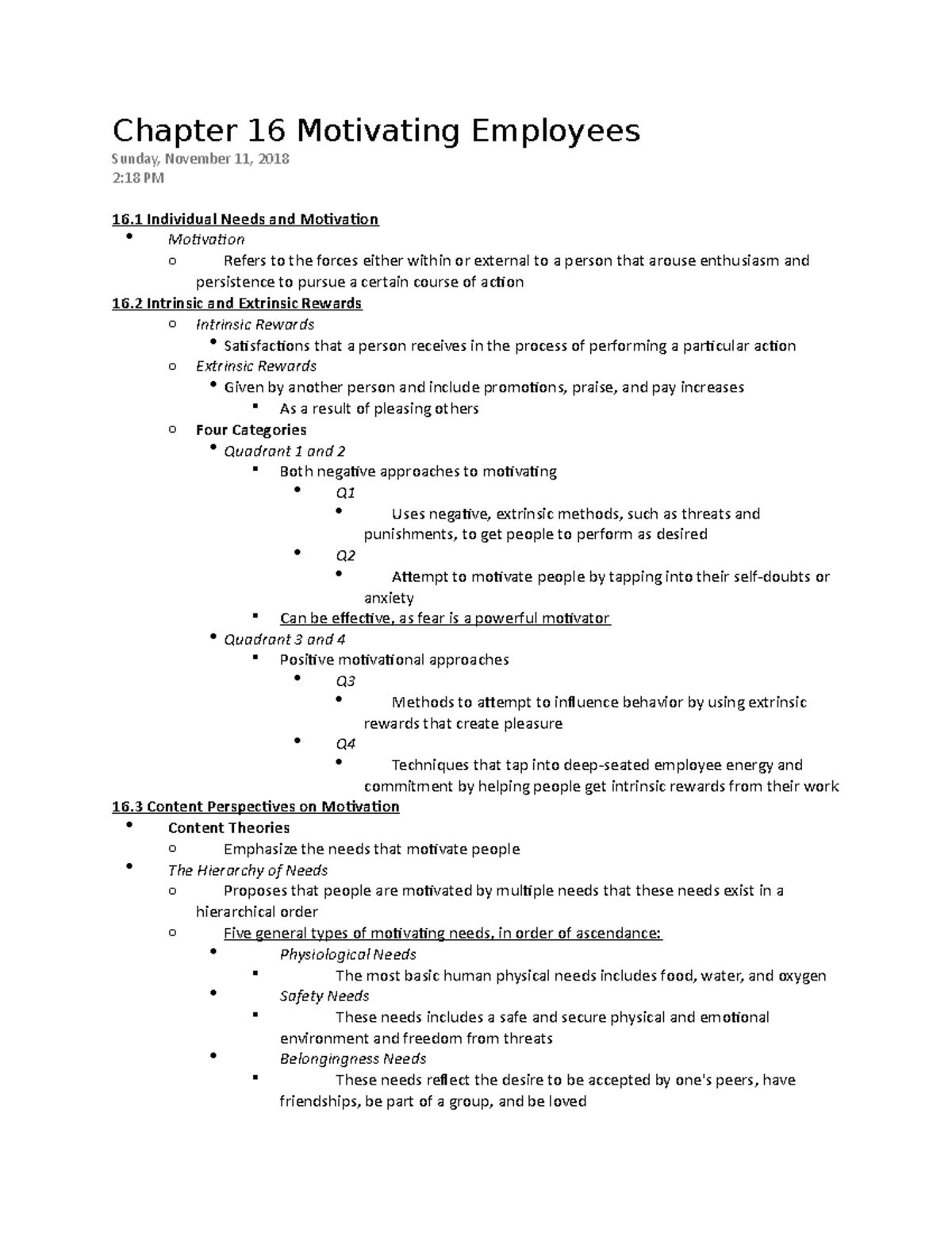 MGT 330 Exam 4 Lectures - Lecture notes 4 - Chapter 16 Motivating ...
