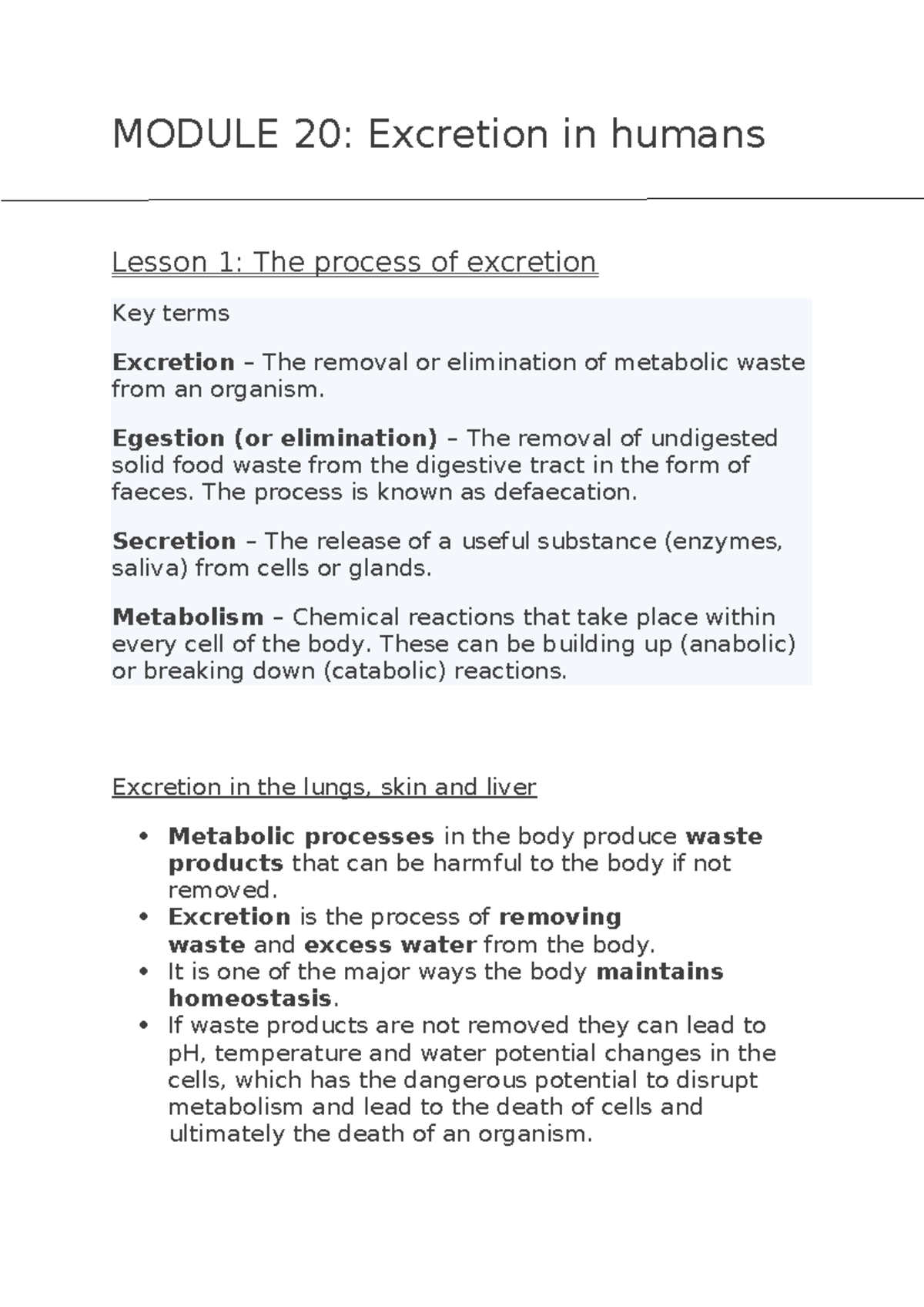 Module 20- Excretion in humans - MODULE 20: Excretion in humans Lesson ...