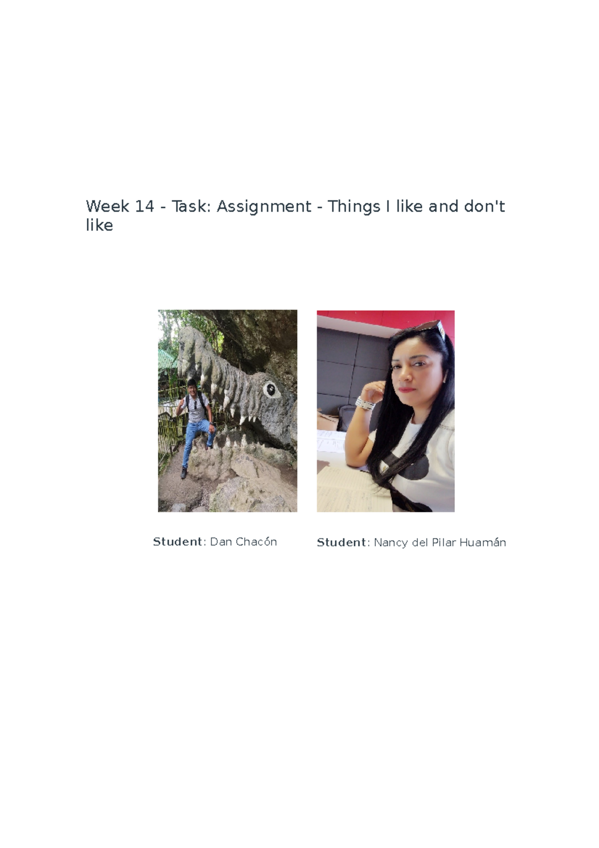 Nancy huaman-dann chacon - Week 14 - Task: Assignment - Things I like and don't like Student ...