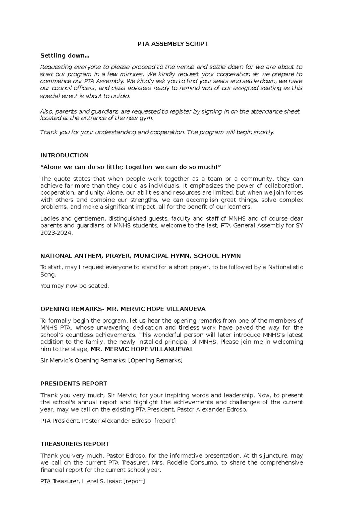 PTA Assembly Script 23-24 - PTA ASSEMBLY SCRIPT Settling down... Requesting everyone to please ...