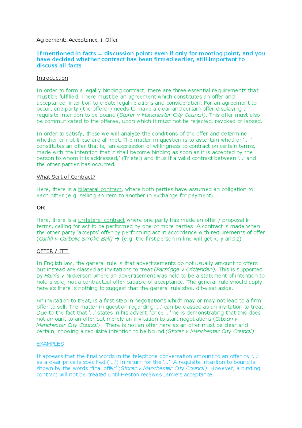 Agreement Model Answer - Agreement: Acceptance + Offer If mentioned in ...