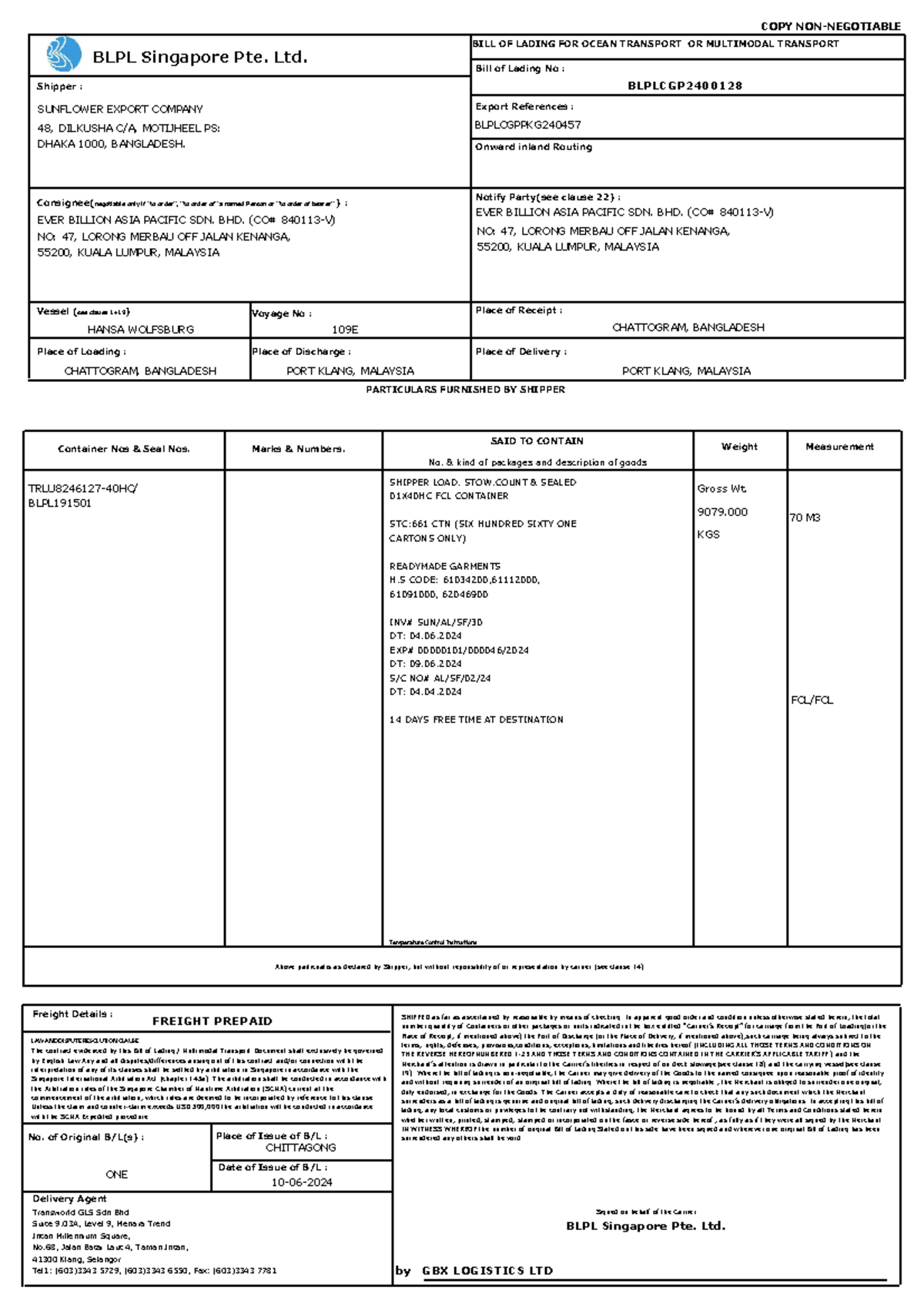 Bl COPY #128 - read it - COPY NON-NEGOTIABLE SUNFLOWER EXPORT COMPANY ...