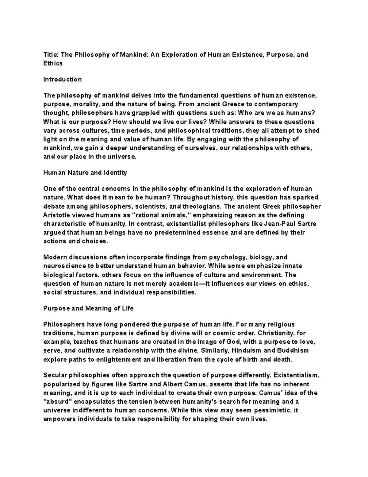 The Philosophy of Mankind An Exploration of Human Existence, Purpose ...