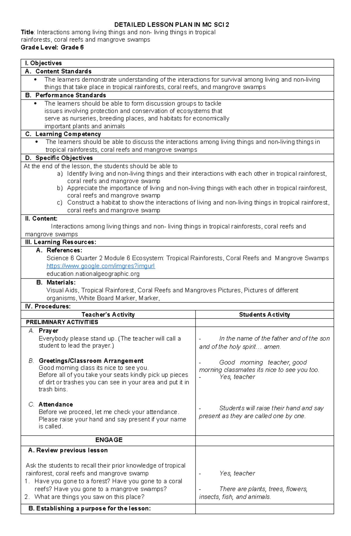 Biome DLP - Science DLP - DETAILED LESSON PLAN IN MC SCI 2 Title: Interactions among living ...